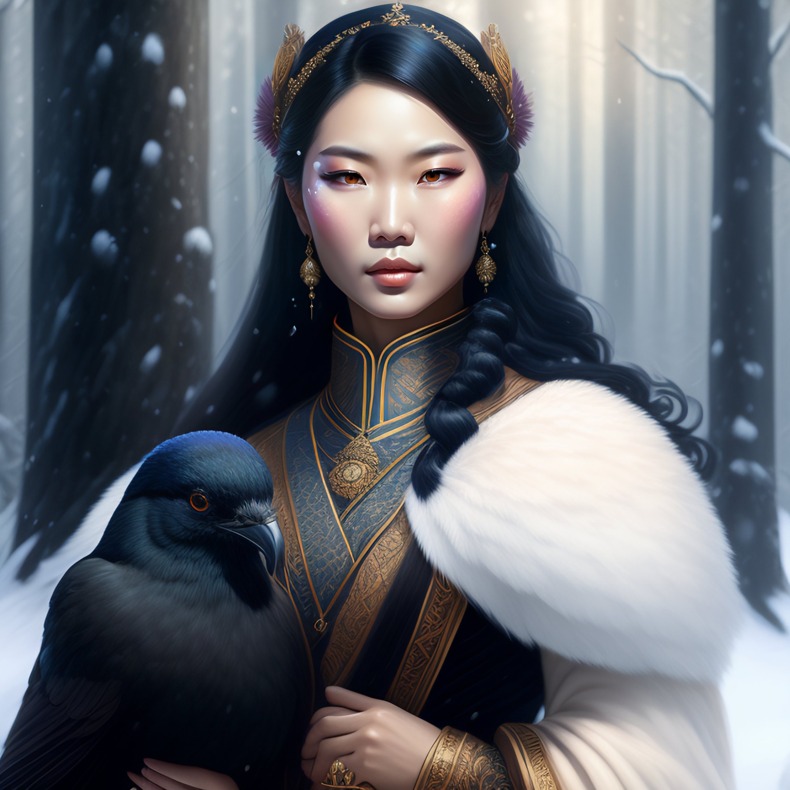 Lexica - Aristocrat scowling, Beautiful asian girl portrait, holding a black raven, snowy forest ...