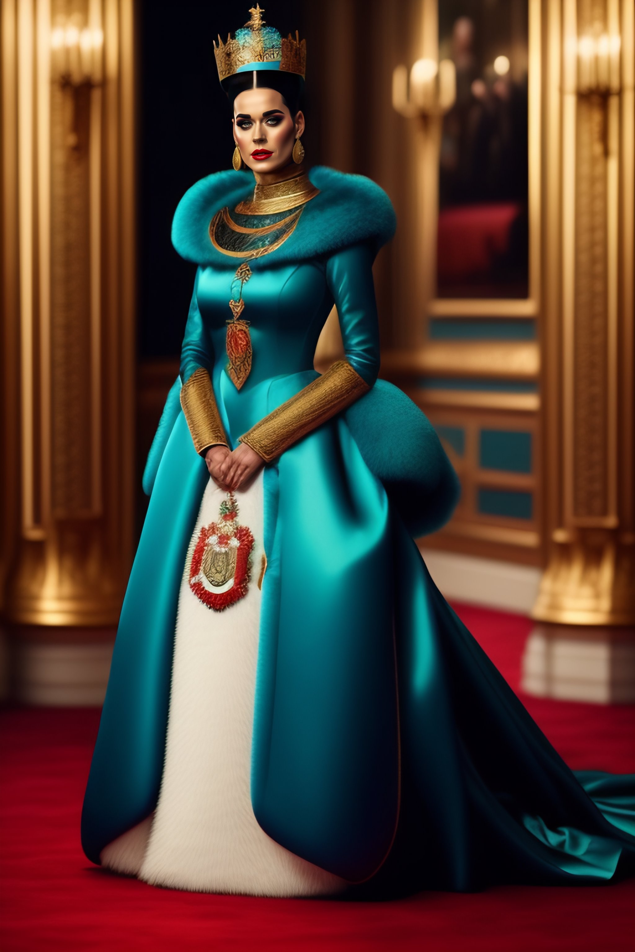 Lexica - Katy Perry dressed as the Queen of England.