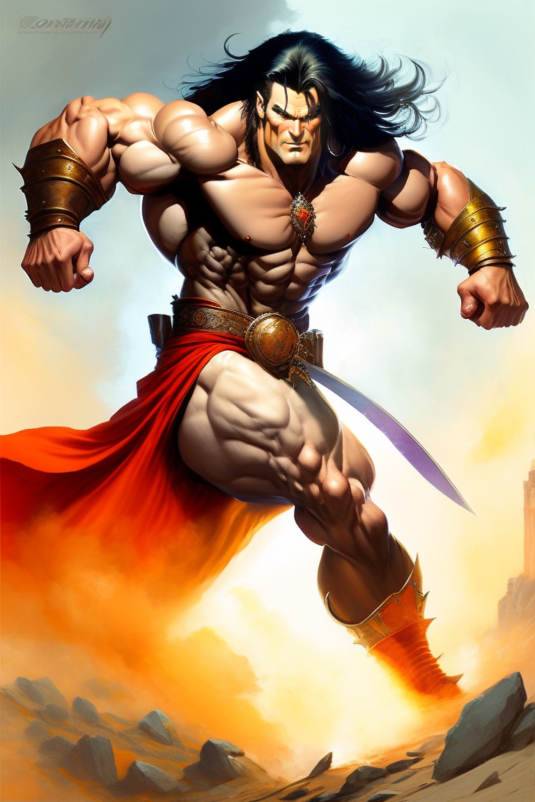 Lexica - Conan, Simon Bisley style, painting, brush strokes, dynamic pose, dramatic, fierce