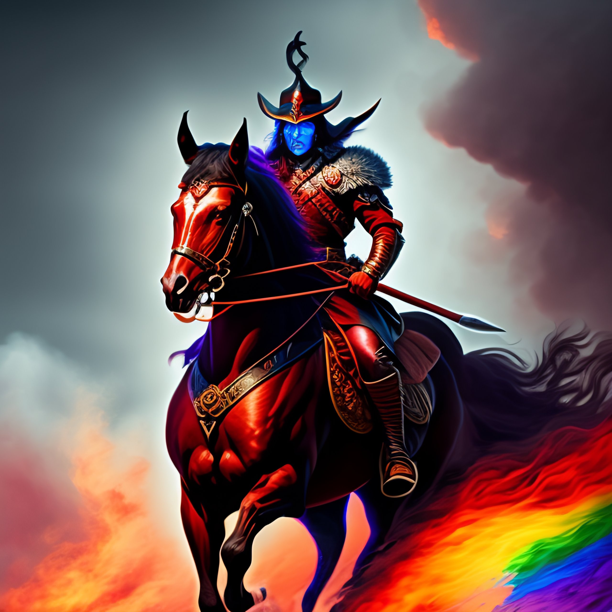 Lexica - Dnd art for a a rainbow demon, a gigantic black demon, riding ...