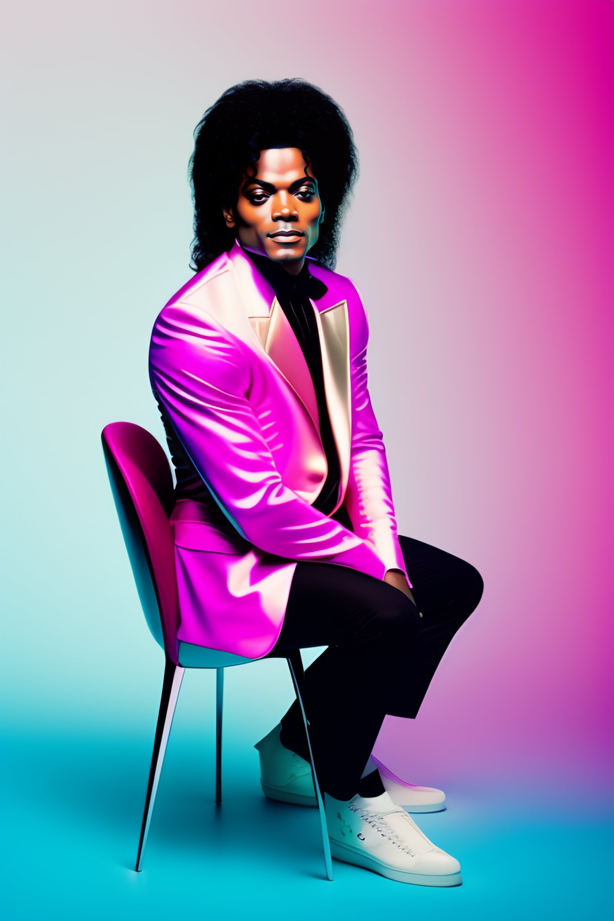 Lexica - Michael Jackson sitting in a chair, with a light pink background.