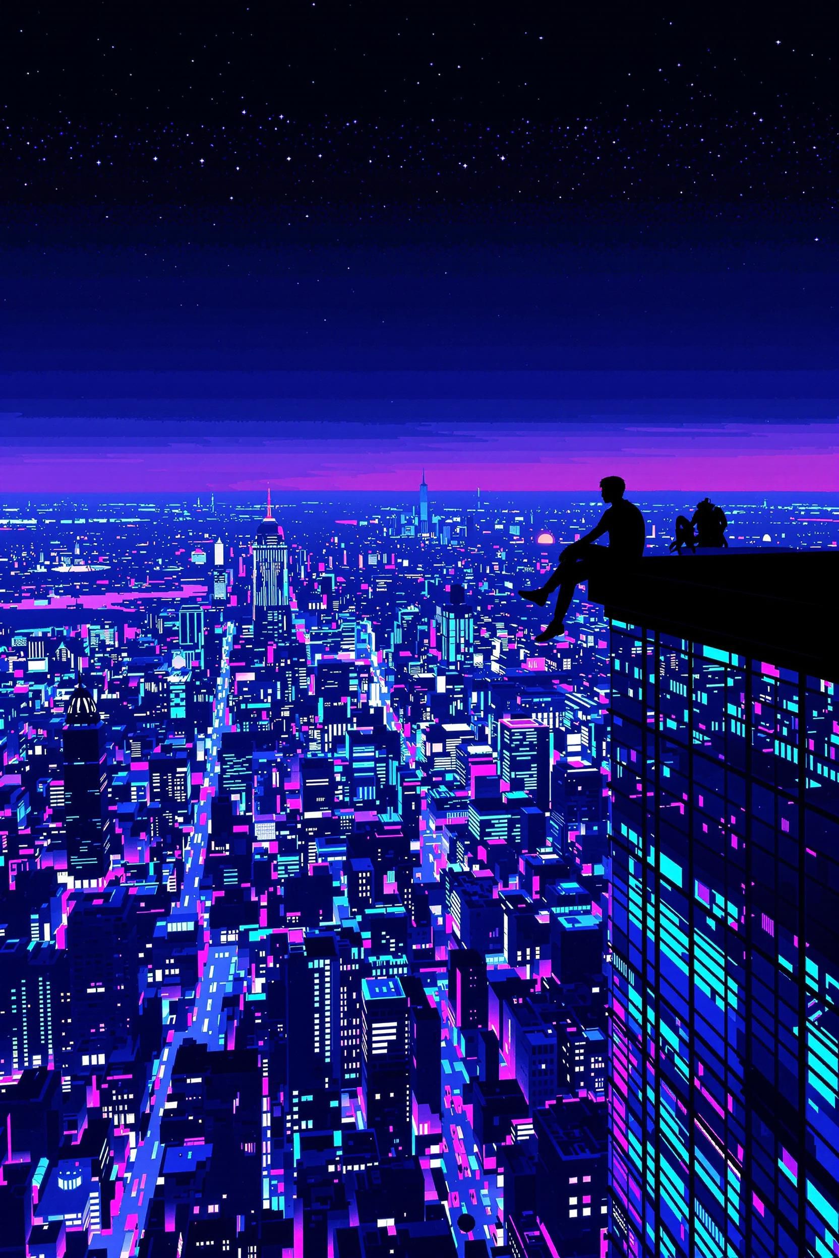 Lexica - 8 bit style man silhouette sitting on skyscraper night scene ...