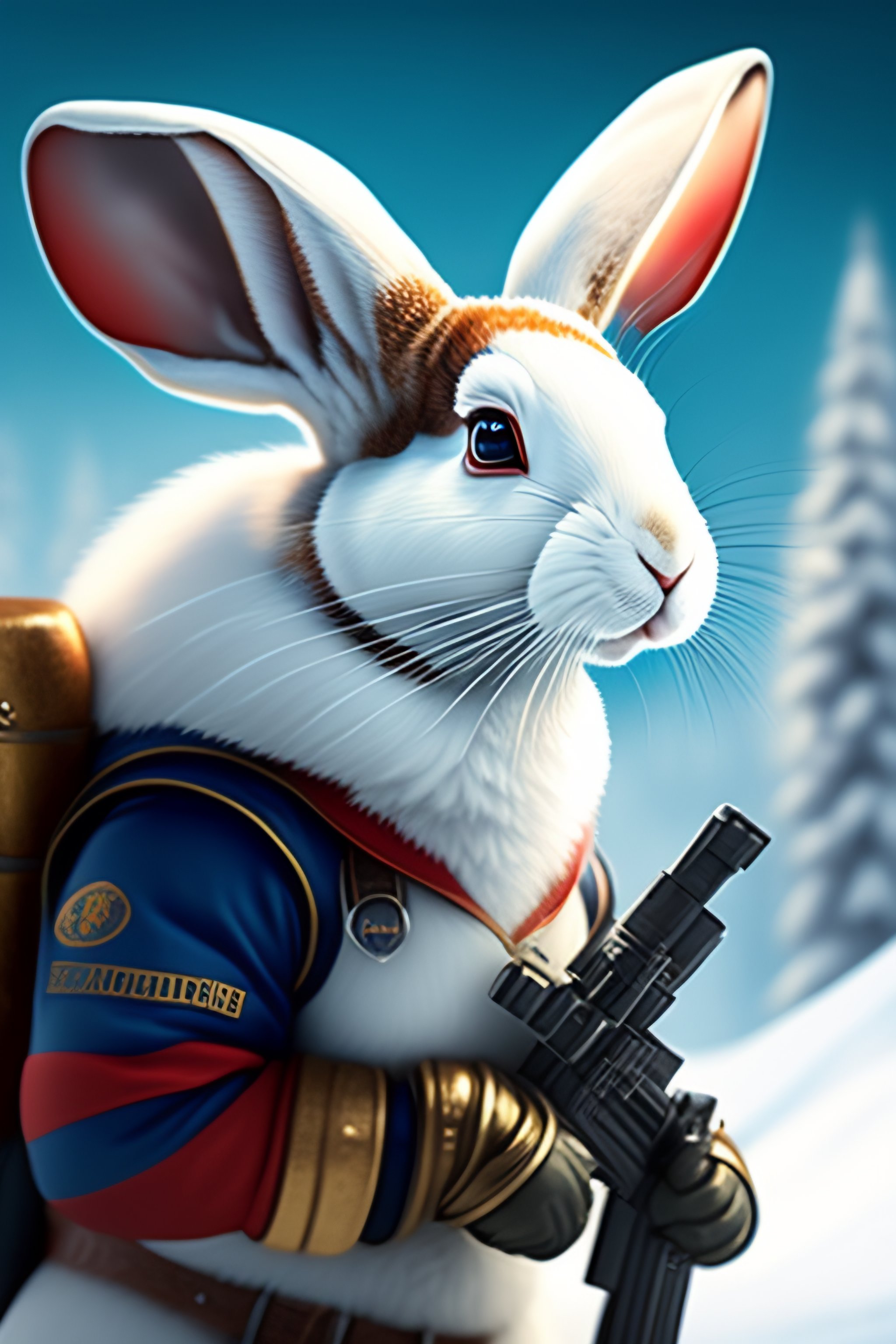 Lexica - A snow-white hare wielding a rocket-launcher from a video game.