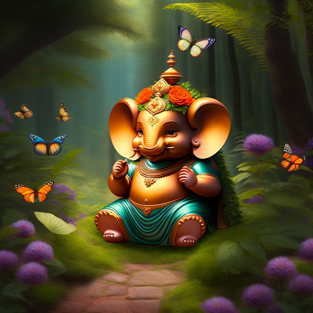 Lexica - Ganpati bappa in forest with flowers, butterflies,