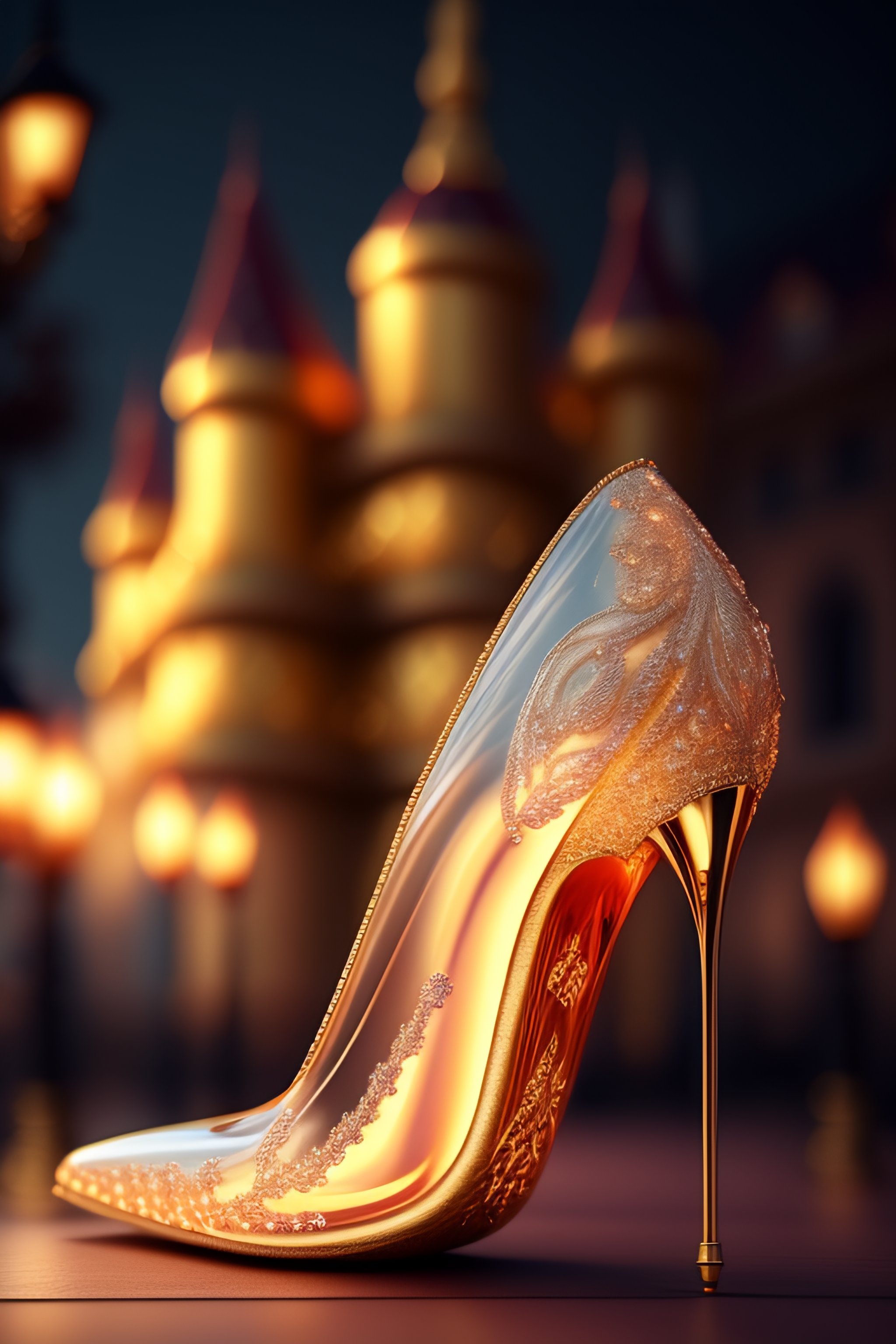 Lexica - Shiny clear intricate high heel shoe in front of a castle, 8k ...