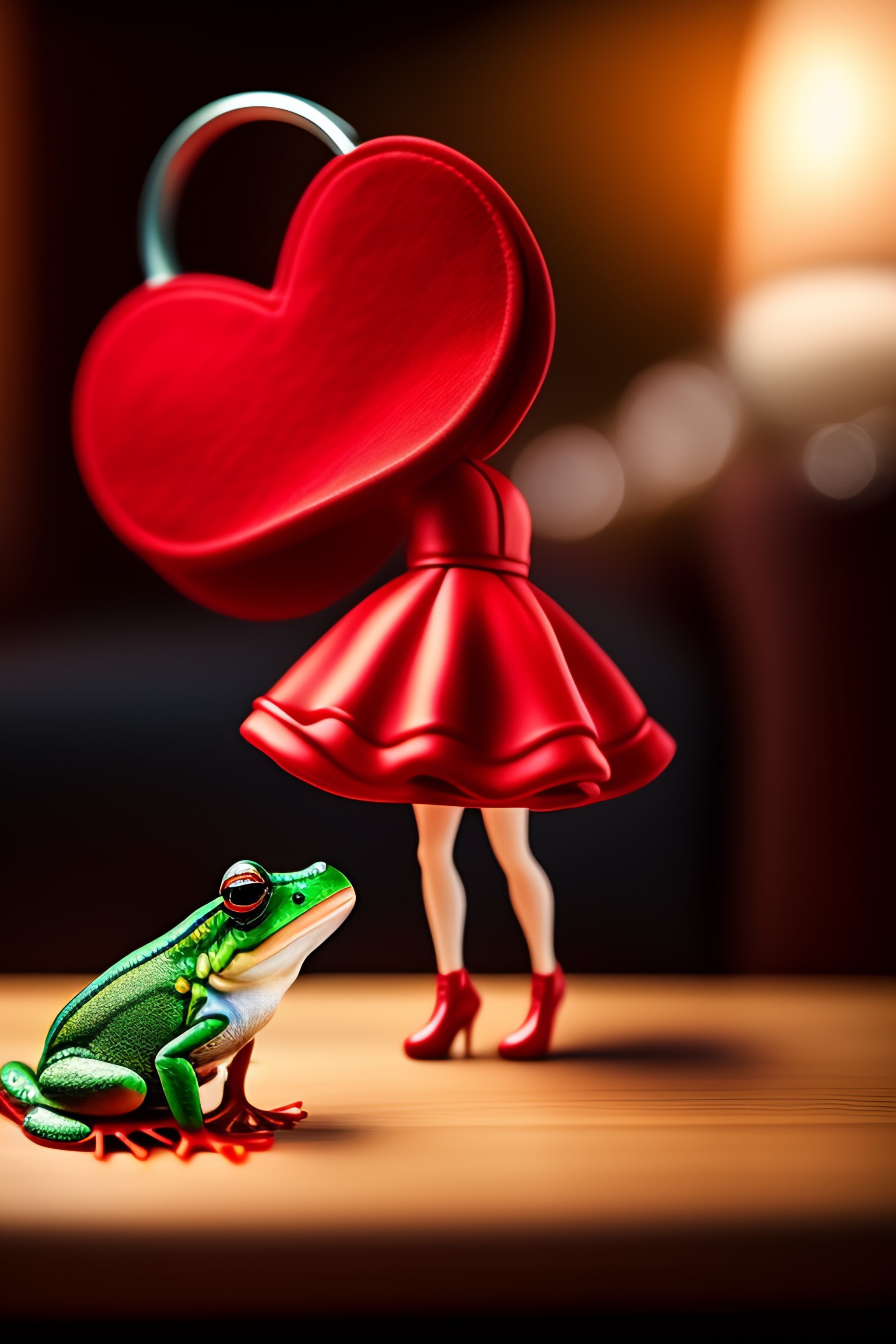 Lexica - Frog is dancing on the table in red dress with ted bag in hand