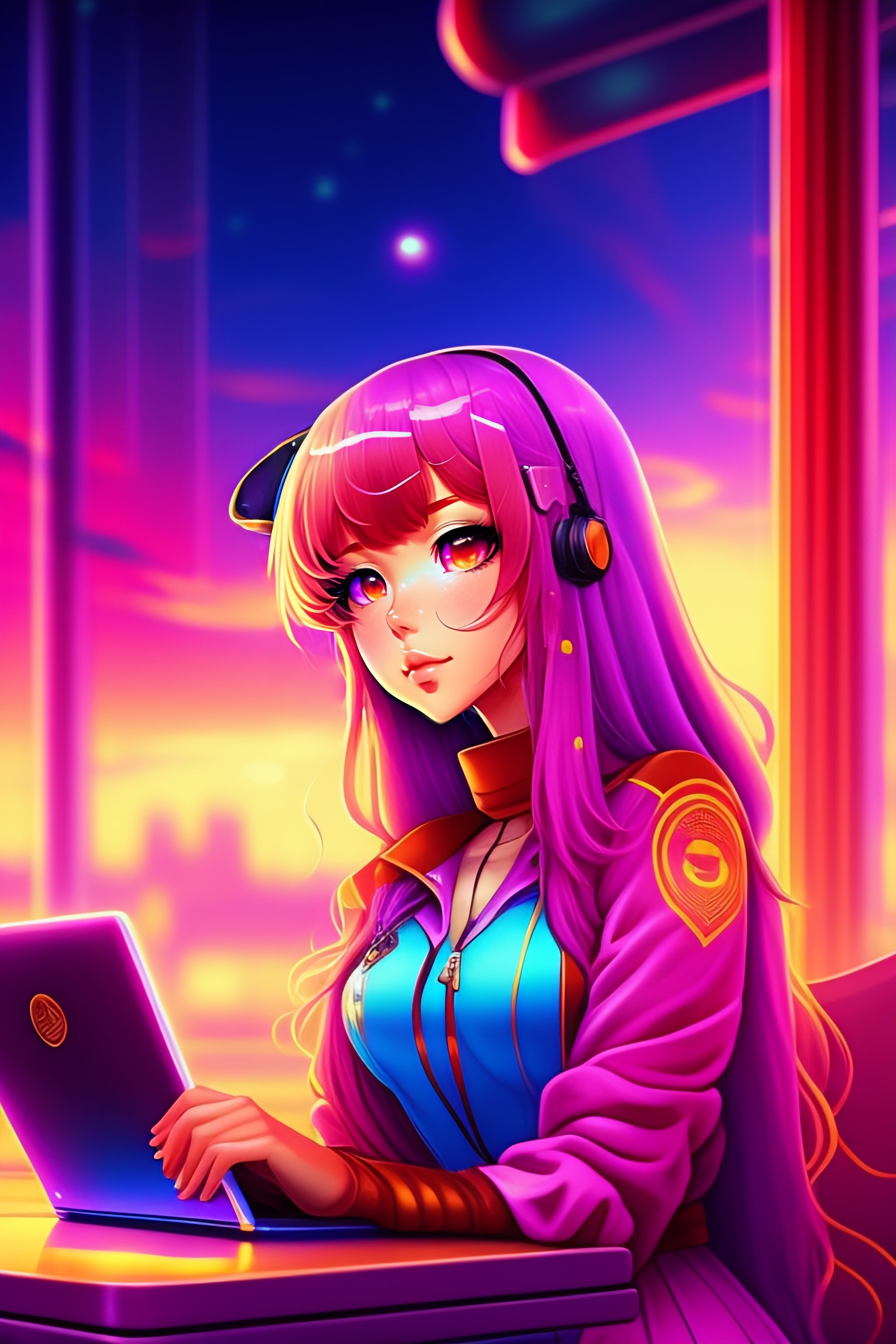 Lexica - Synthwave anime girl working on a laptop warm colours, digital ...