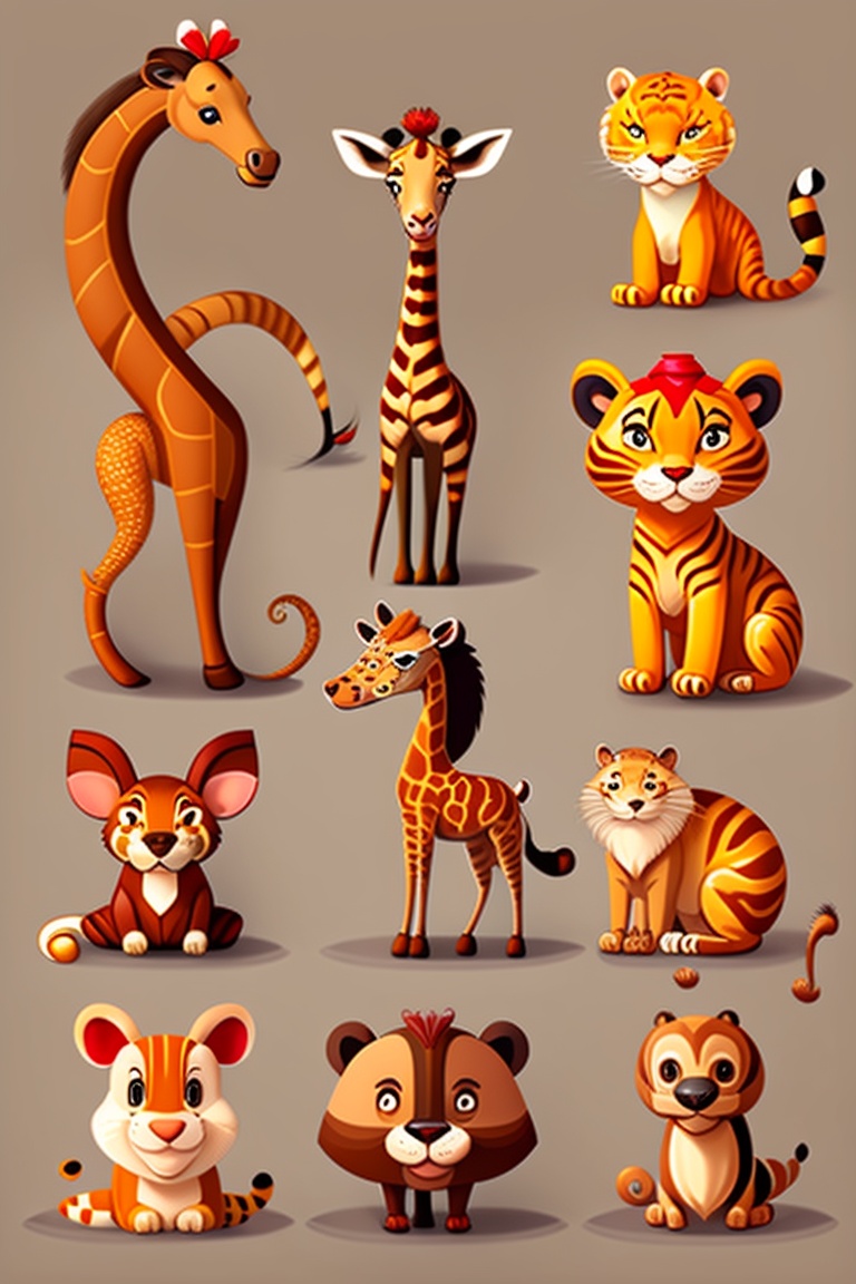 Lexica - Group of animals, loin, giraffe, tiger, monkey, cartoon characters