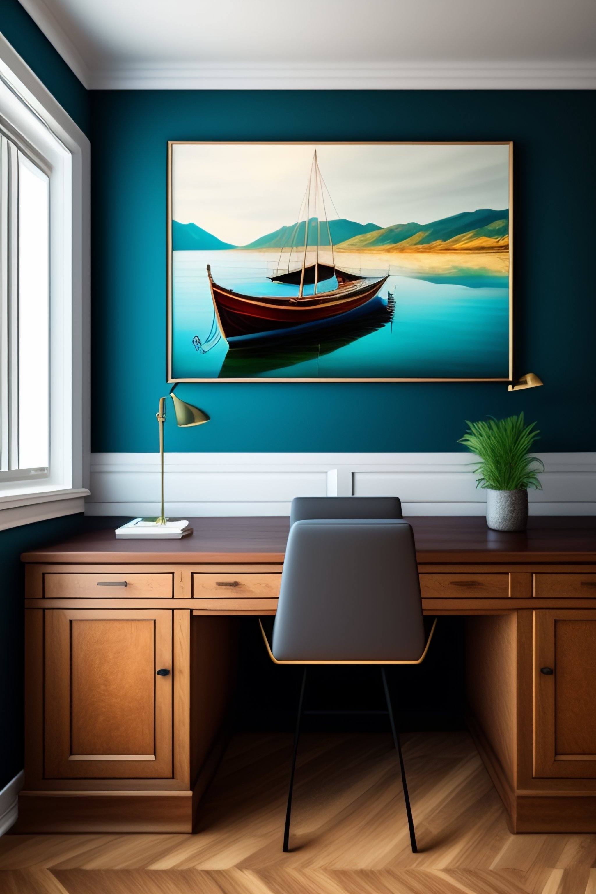 Lexica - Office desk with boat painting on the wall