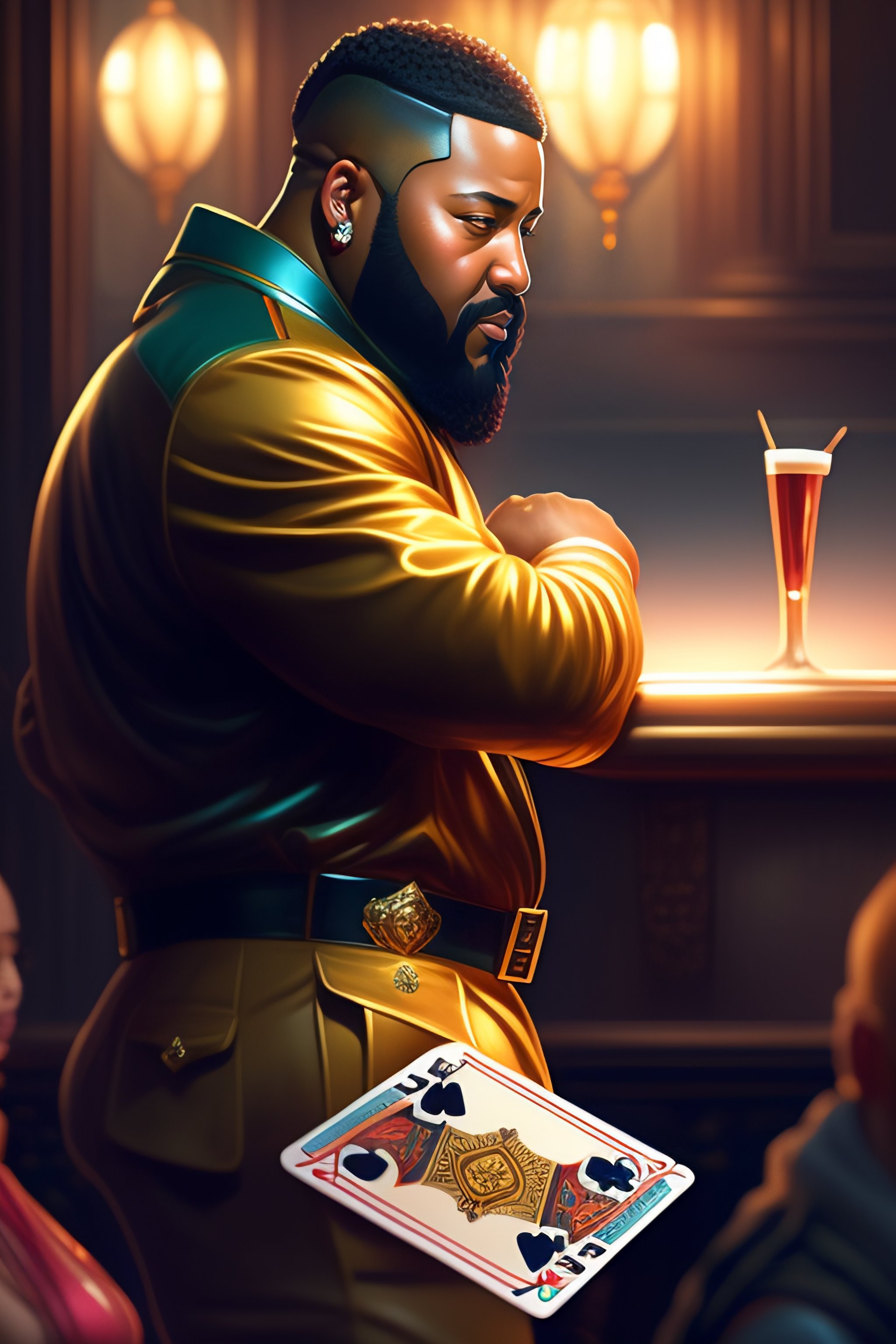 Lexica - Full body, front view, DJ Khaled playing cards, English pub ...