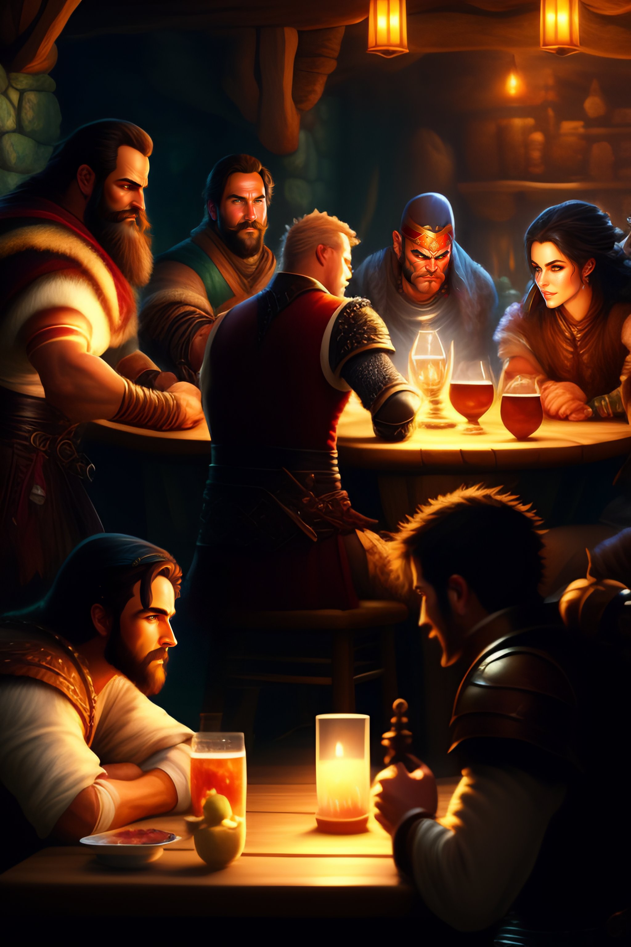 Lexica - Group of adventures around a table at an inn, warrior, wizard ...