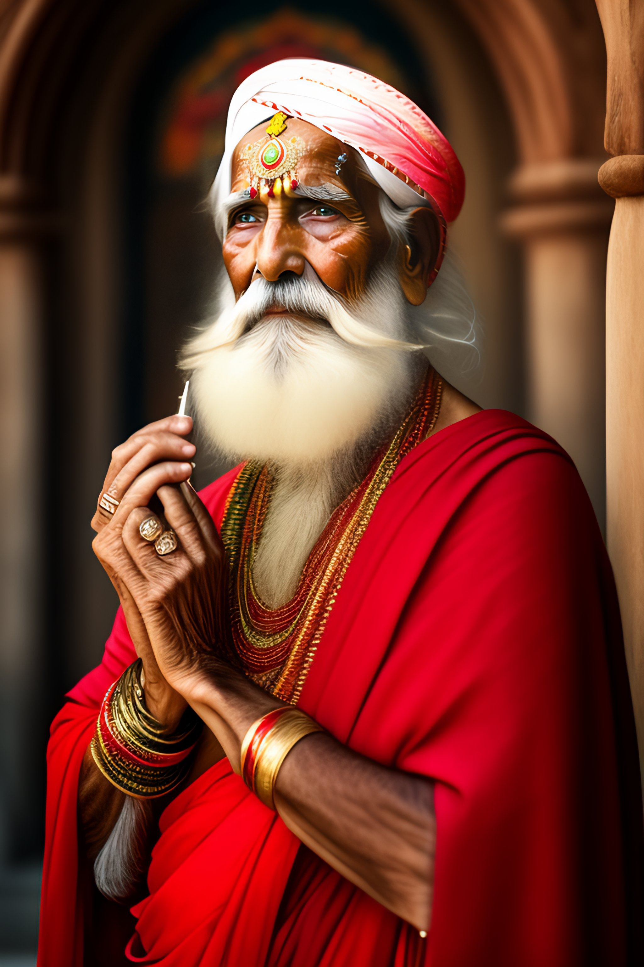 Lexica - Fair skinned Old Hindu Male Saint with red pointy hat and ...