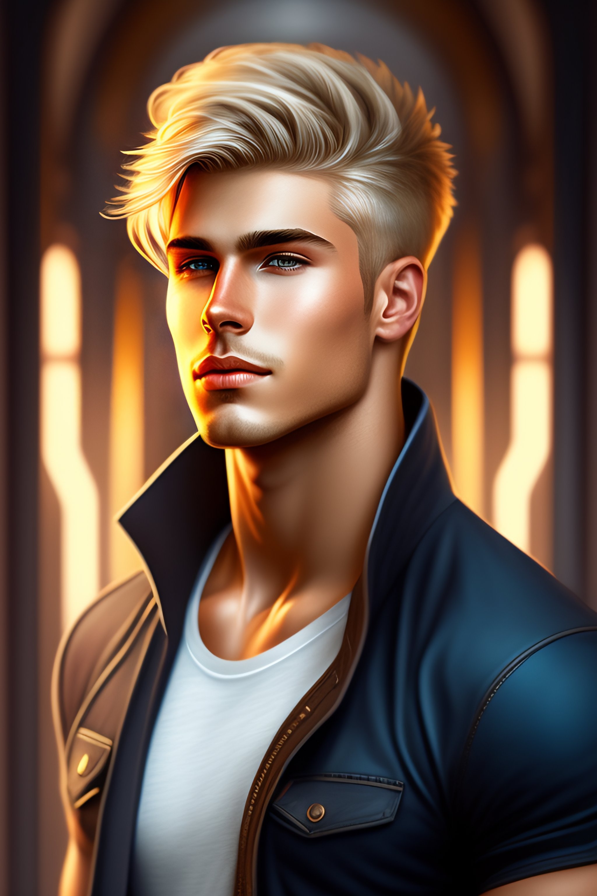 Lexica - Modern bl young man with ash blond hair, plain dark t-shirt ...