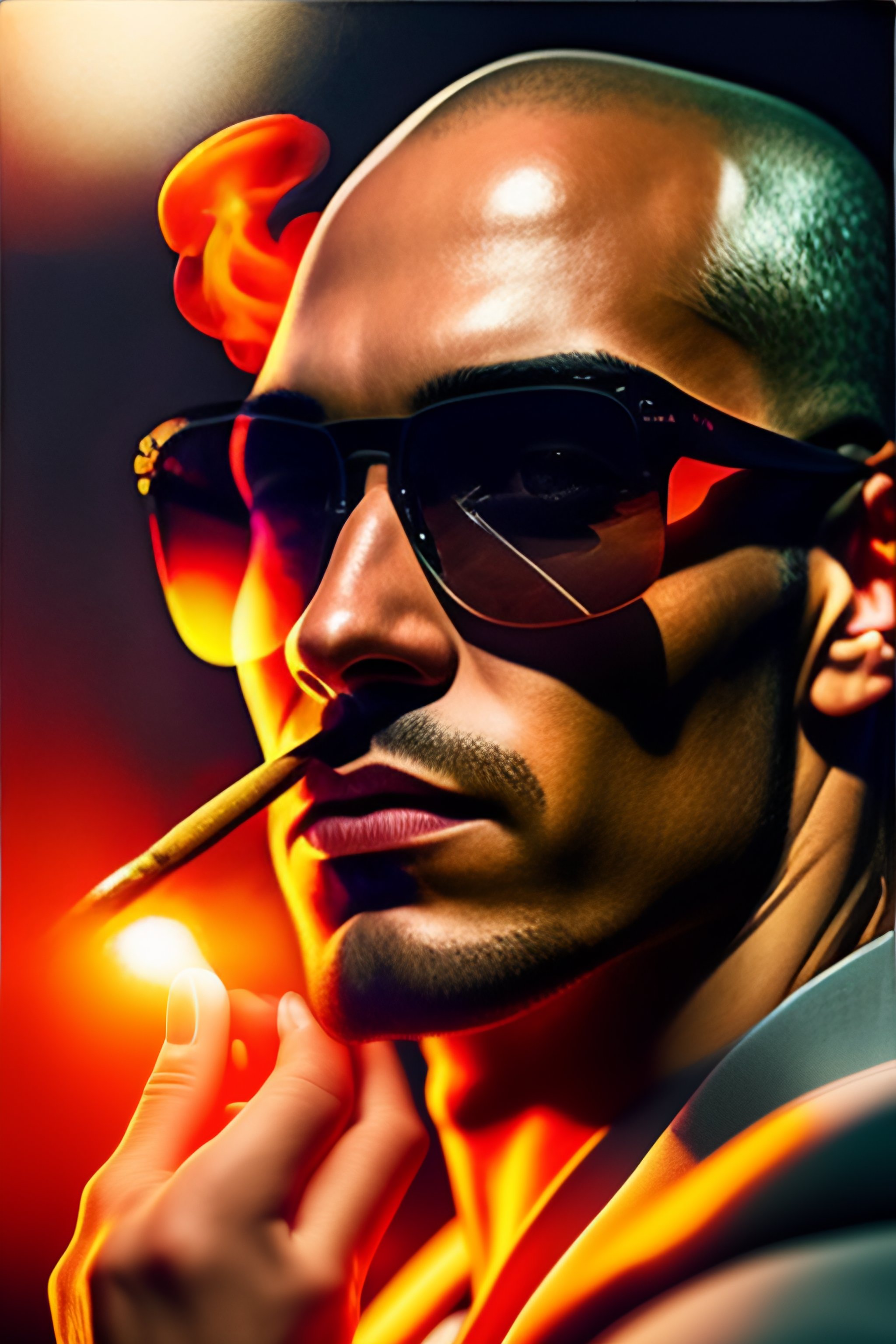 Lexica - Bald Andrew Tate wearing sunglasses and smoking cigar, Red sun ...