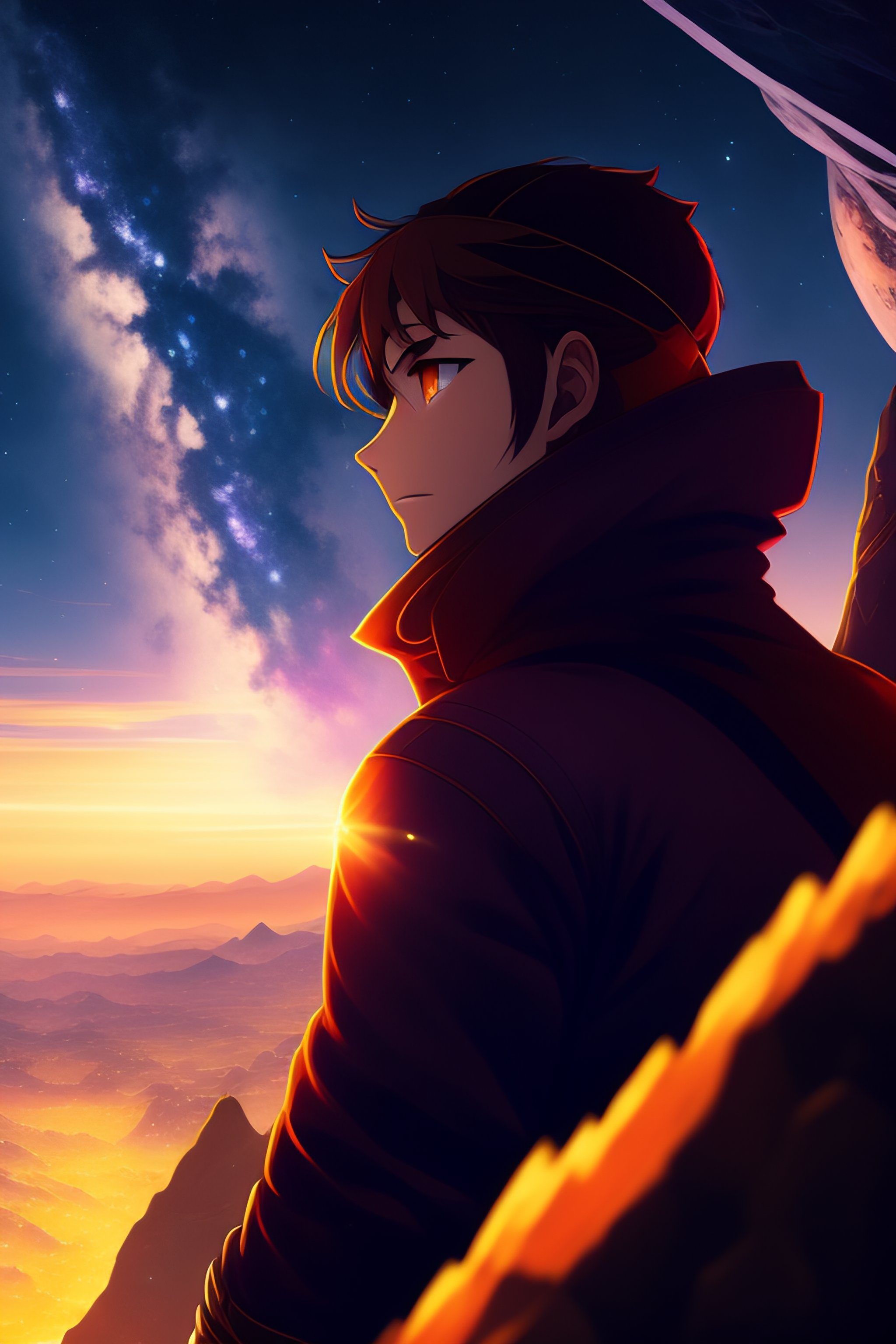 Lexica - Hero on cliff peak staring up at stars, high detail, anime ...