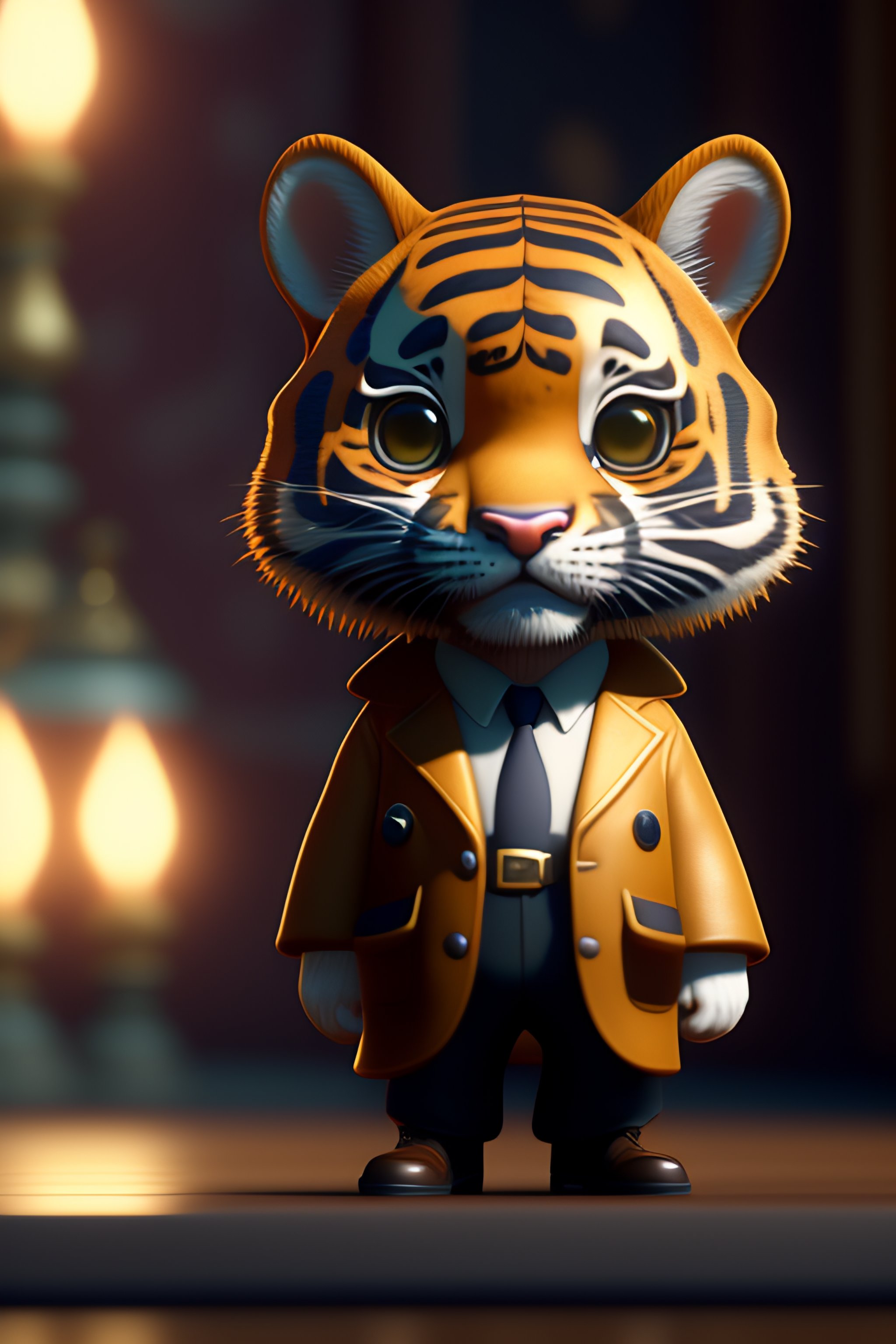 Lexica - Cute small detective tiger standing on 2 feet on theater ...