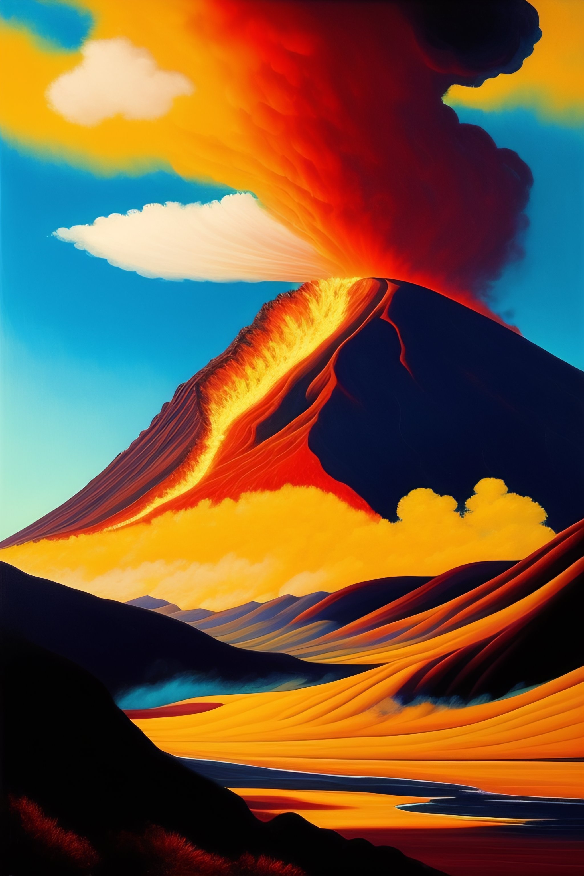 Lexica - Haleakala volcano erupting. Two people jump over a lava river ...