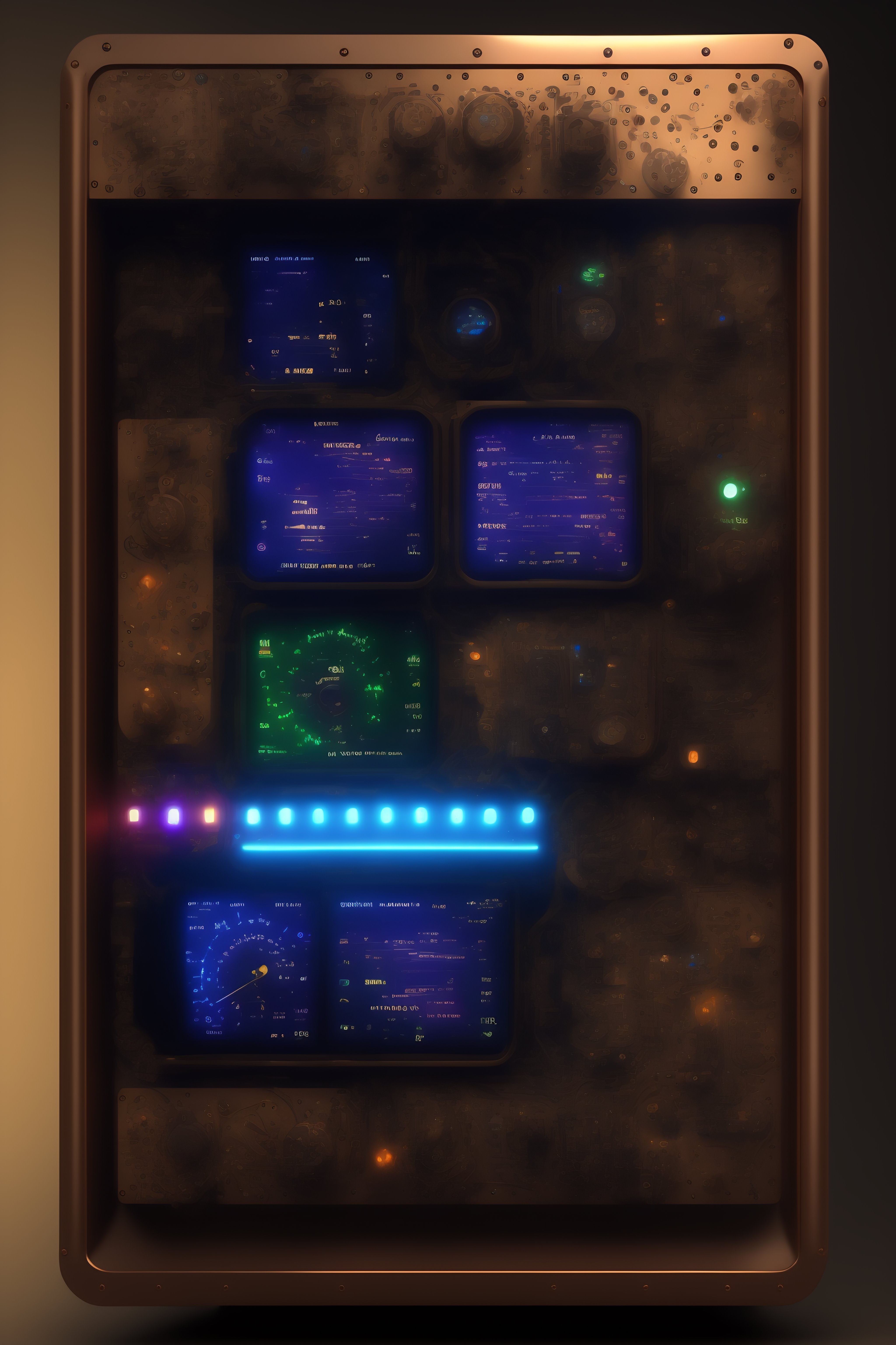 Lexica - Steampunk front view of a chaotic control panel with monitors ...