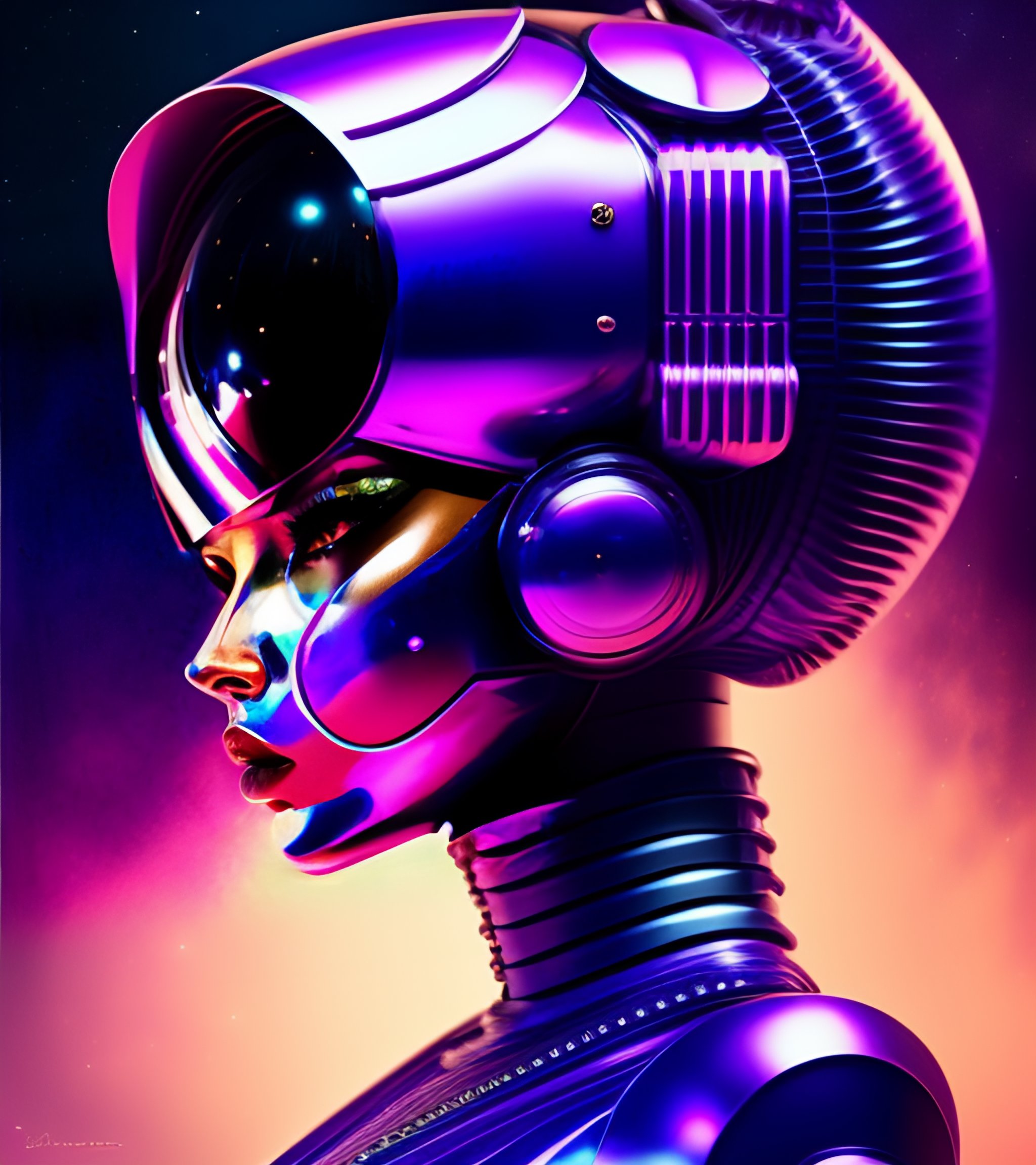 Lexica - Portrair a metallic purple girl robot whith th moon