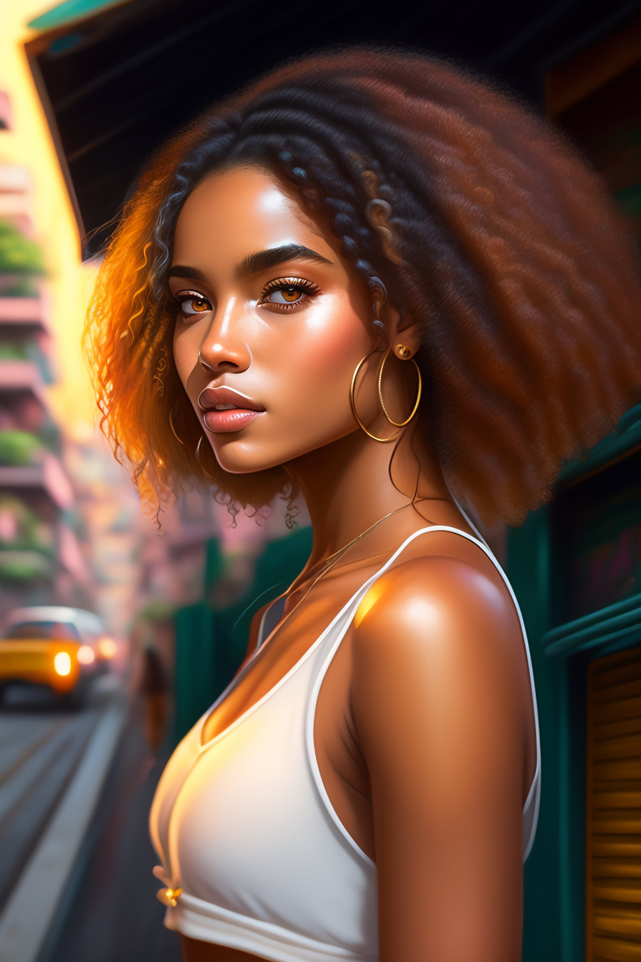 Lexica - Elegant girl brazilian blonde curly hair in urban outfit in favela do brazil, cute fine ...