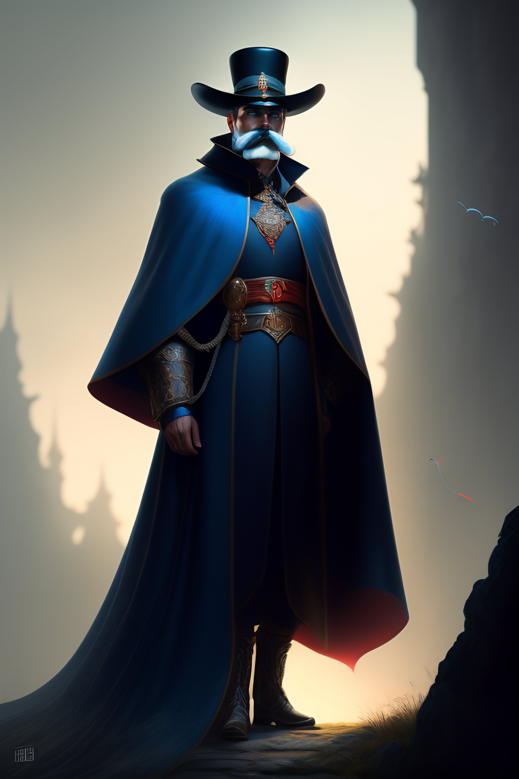 Lexica - Man with a mustache, wearing a black hat, wearing a blue cape ...