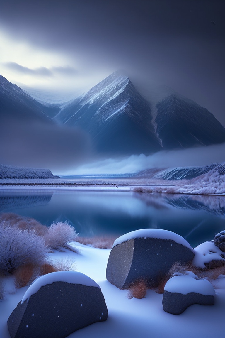 Lexica - Snowy landscape: Space covered with snow. Bare branches and ...