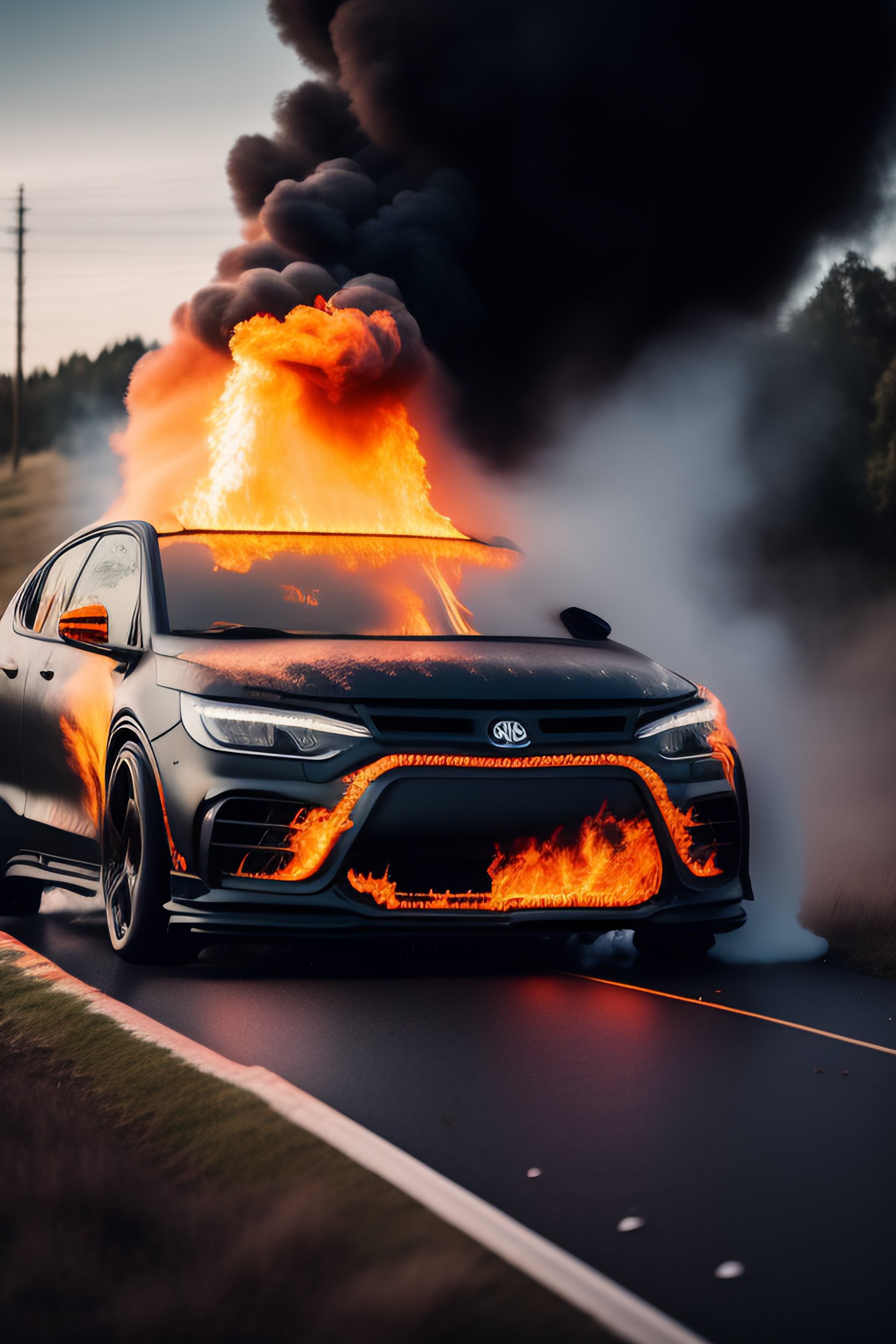 Lexica - A still of a destroyed car on fire, slow motion flames