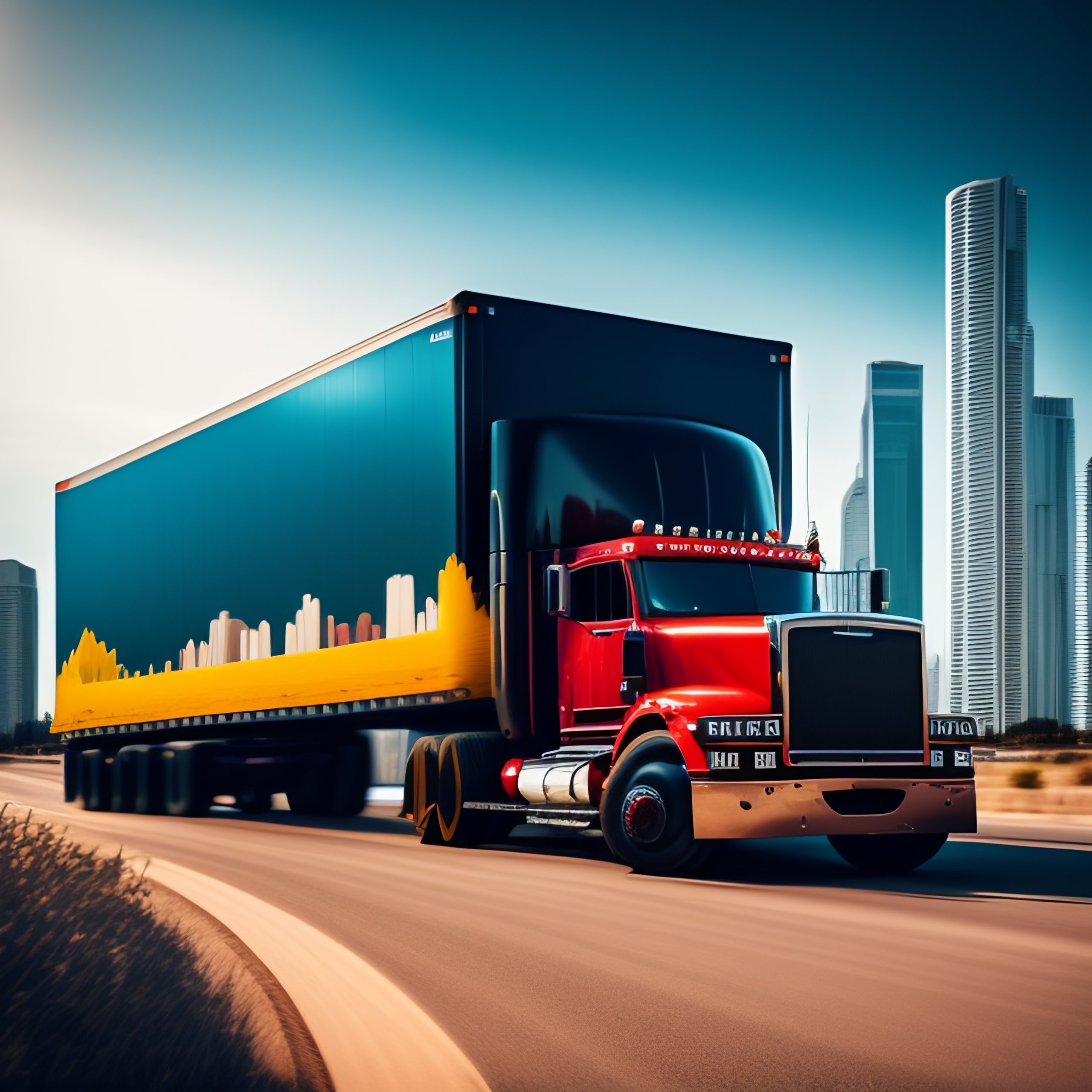 Lexica - Photograph of a moving truck with a city landscape in the ...