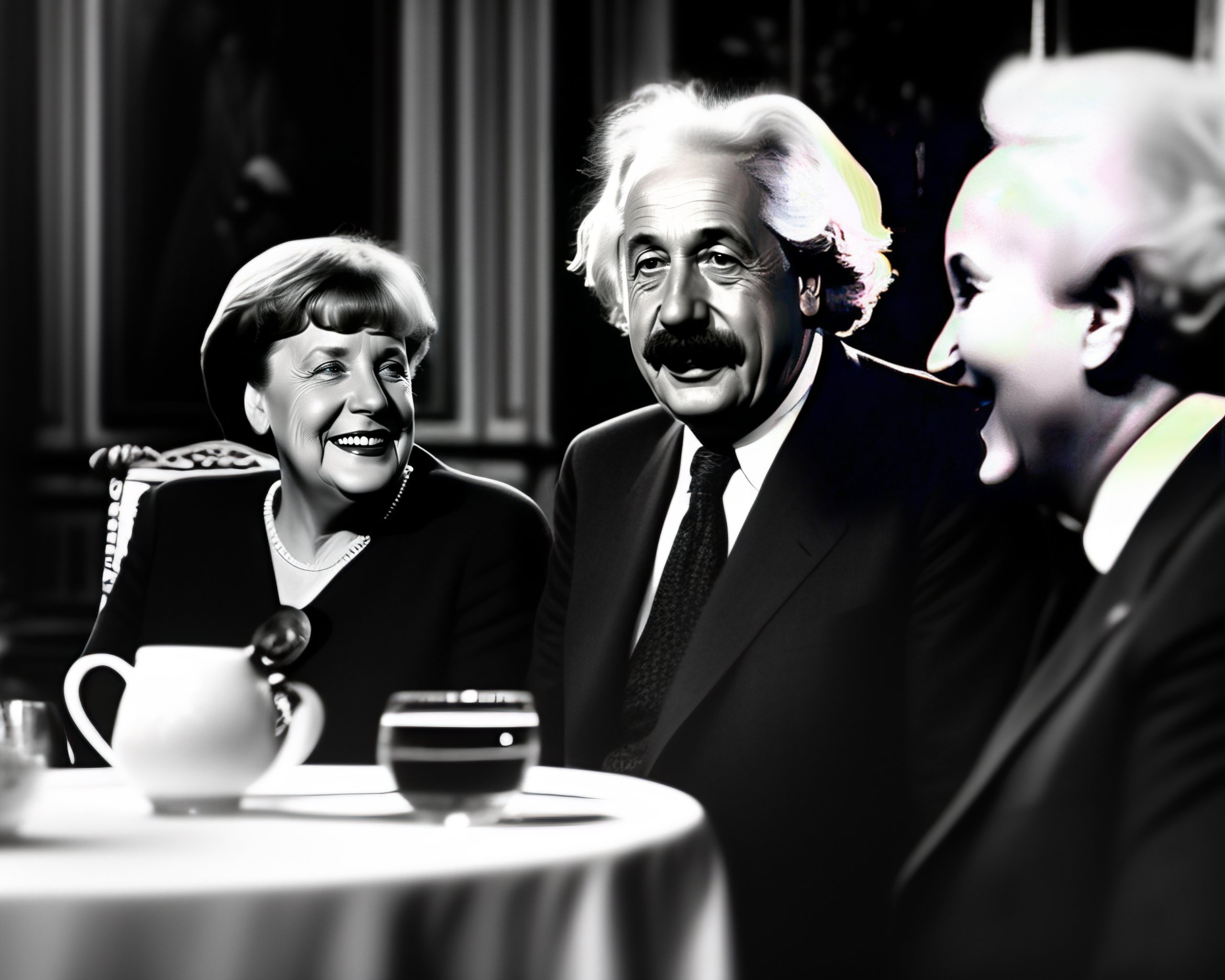 Lexica - Angela merkel and einstein in a room, laughing, tea on the table
