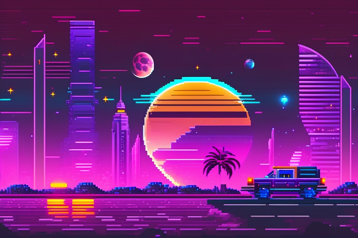 Lexica - Synthwave cyberpunk city with moon background, sharp focus, game backgraund, retro 8-bit