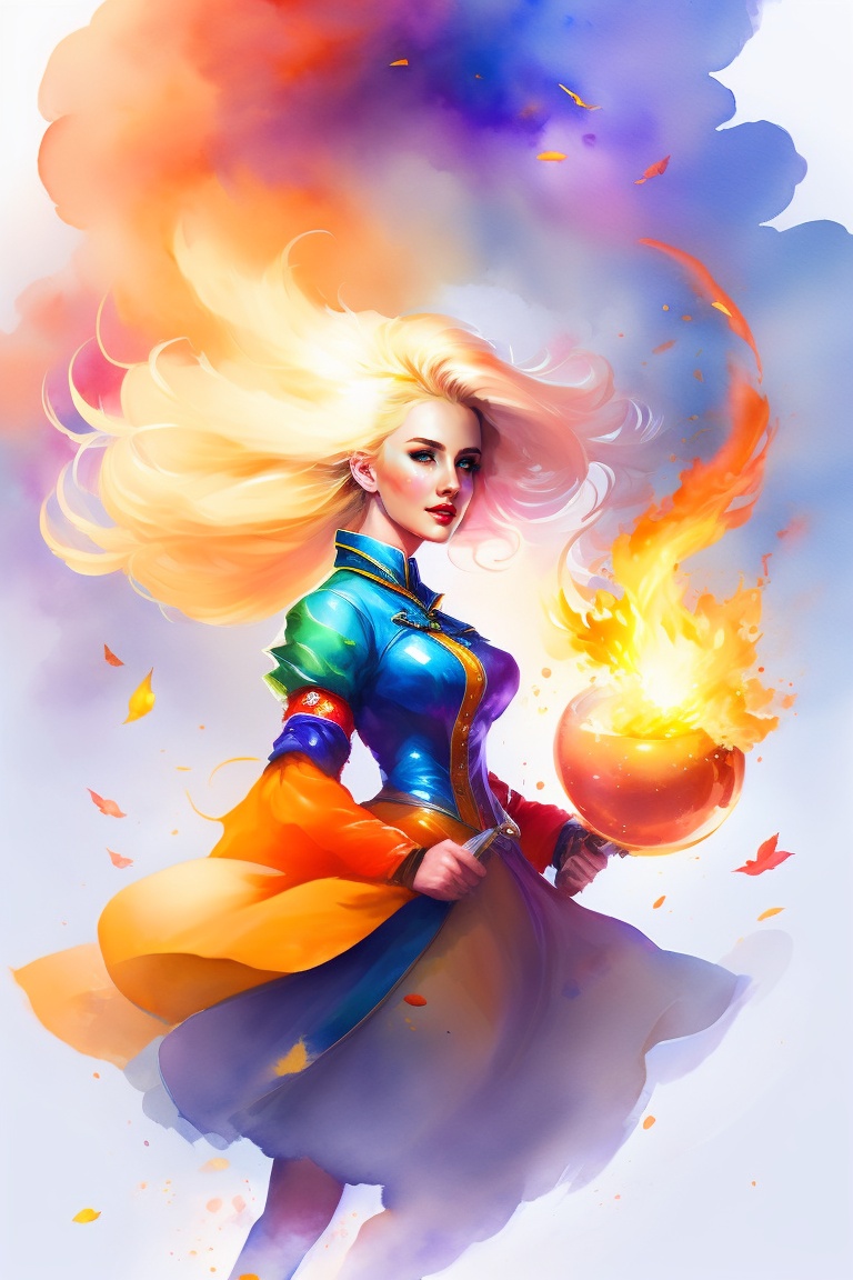 Lexica - Watercolor style, beautiful blond witch fighting deamon ...