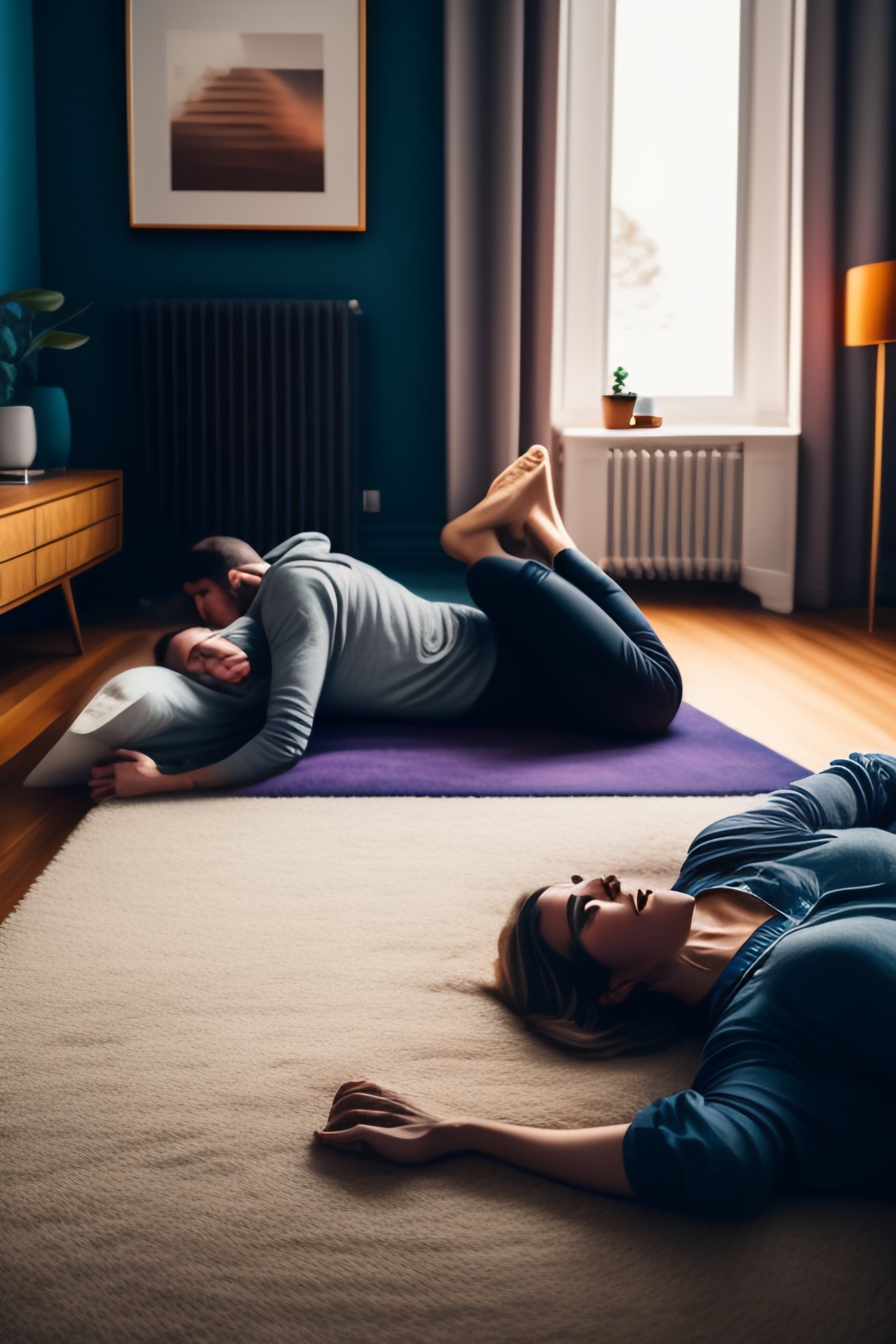 Lexica - A woman looks as she stands over a man who lies on his back on ...