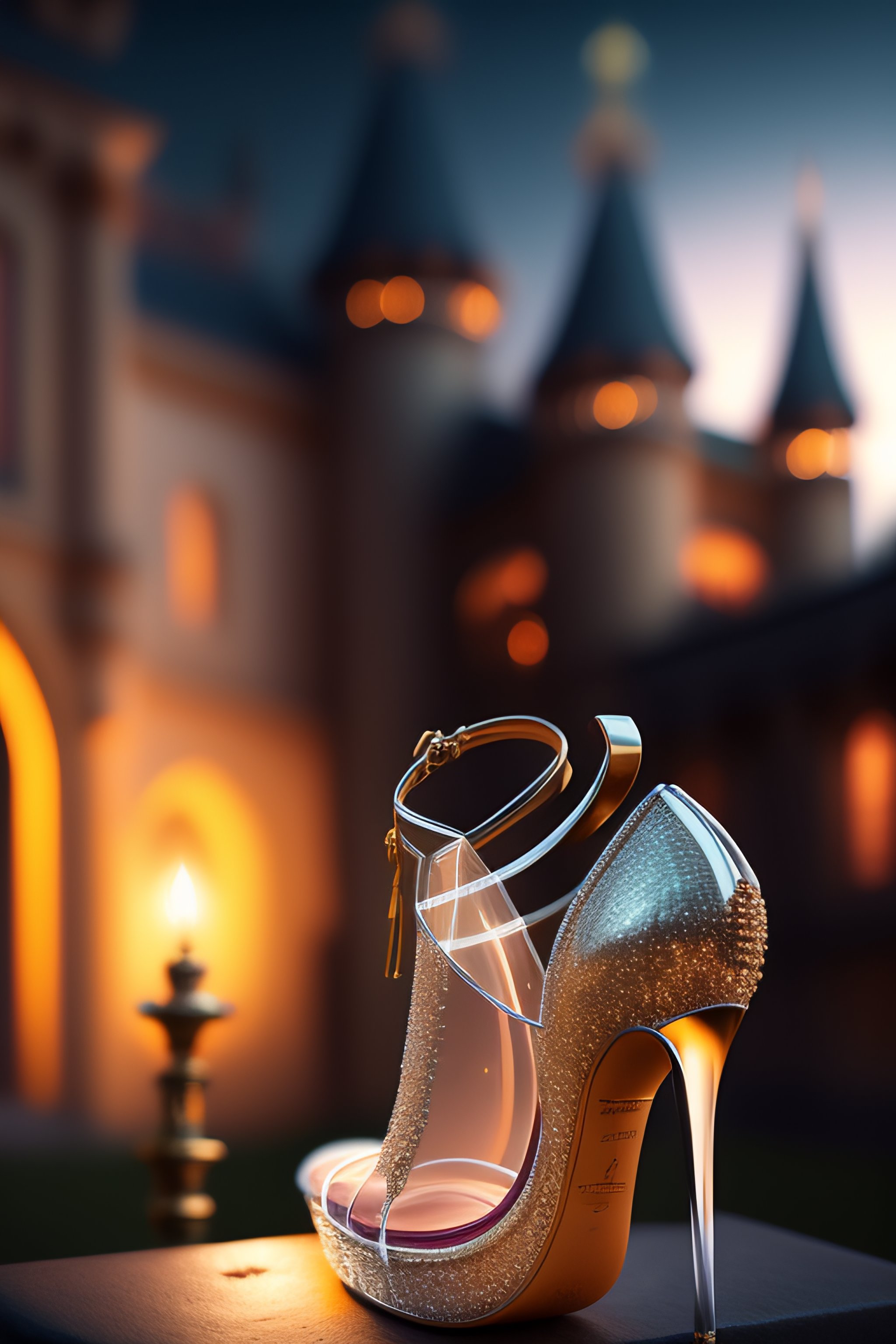 Lexica - Shiny clear entricate high heel shoe in front of a castle ...