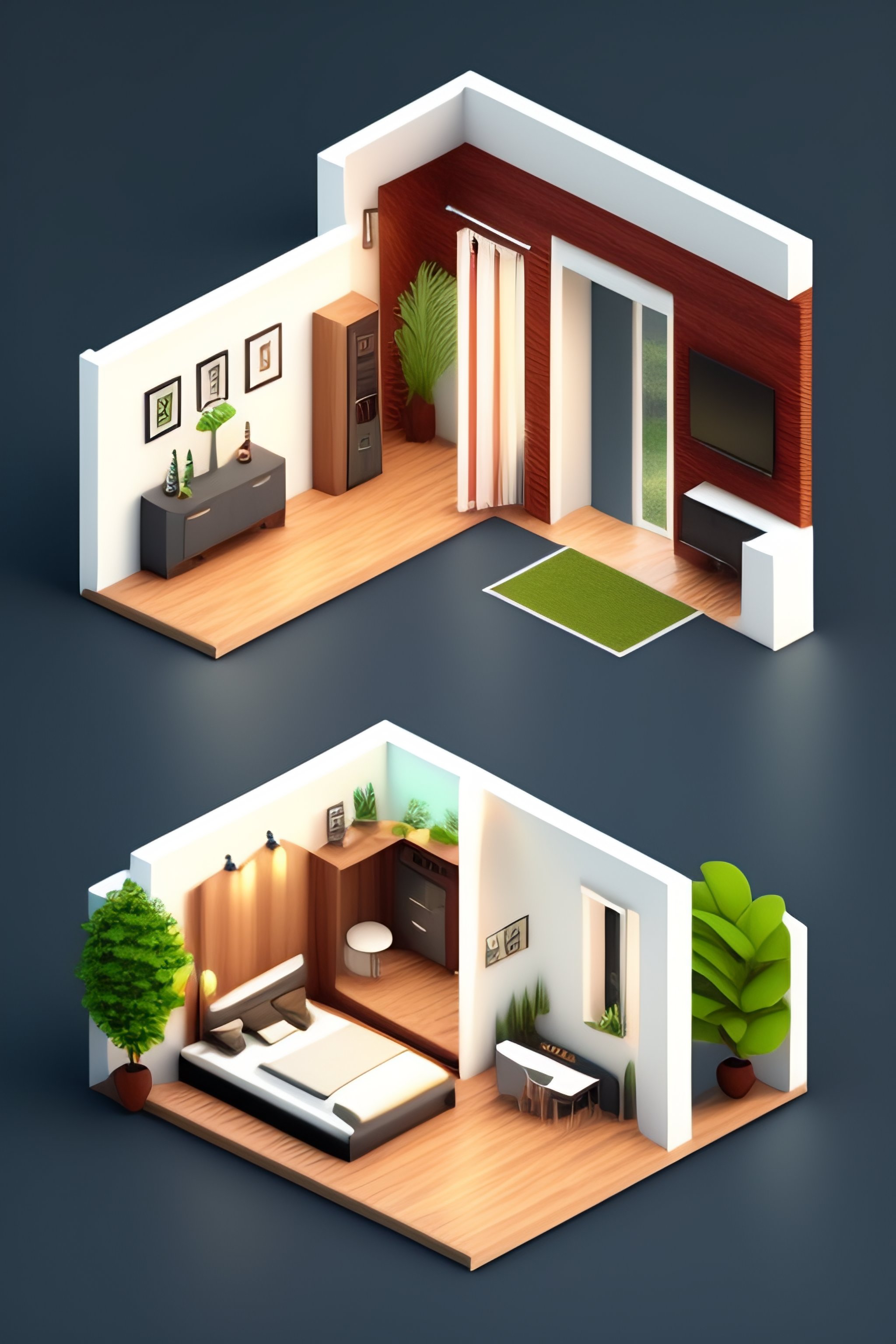 Lexica - Isometric render of the bedroom interior of a a modern middle ...