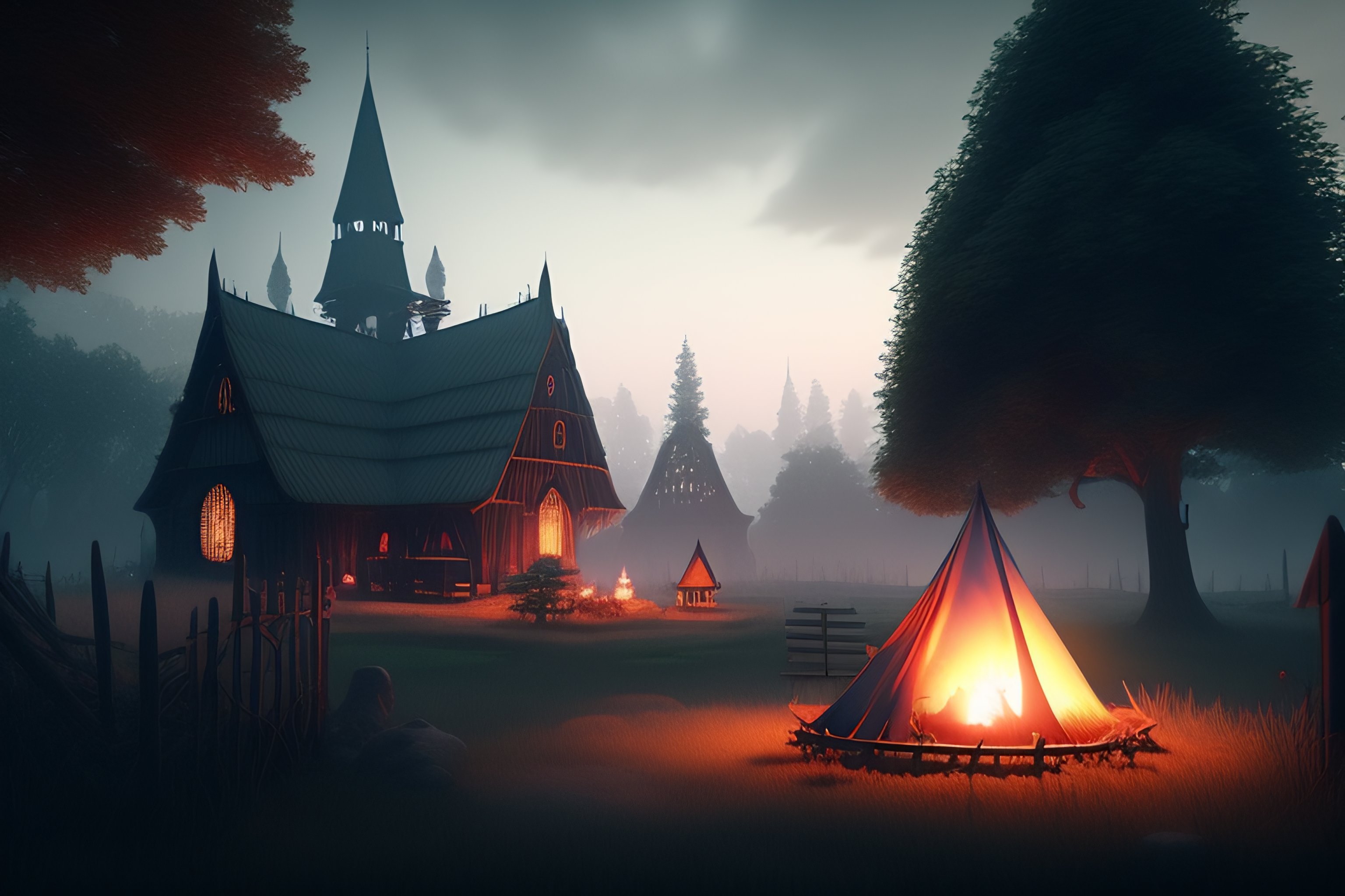 Lexica - Creepy forest, campfire with medieval gothic village in the ...