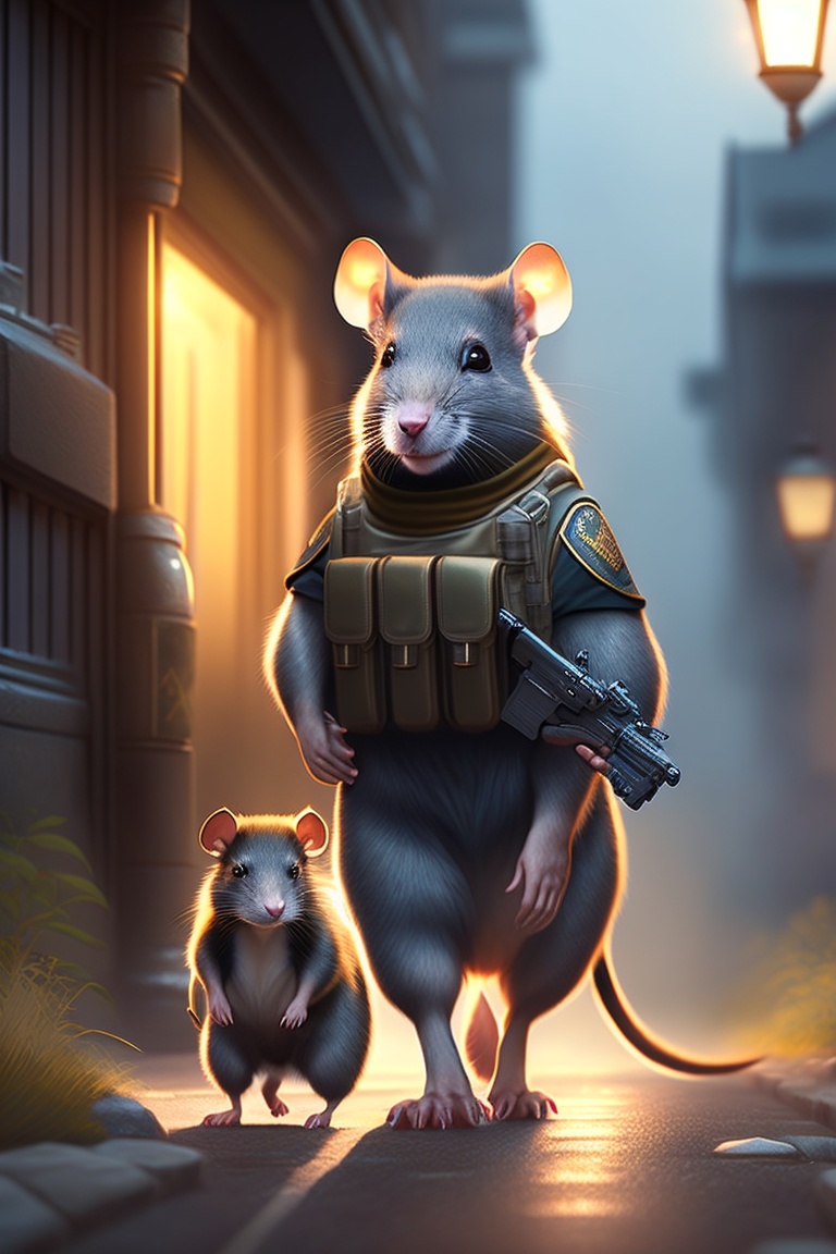 Lexica - A military rat with a machine gun walking with a baby by an ...