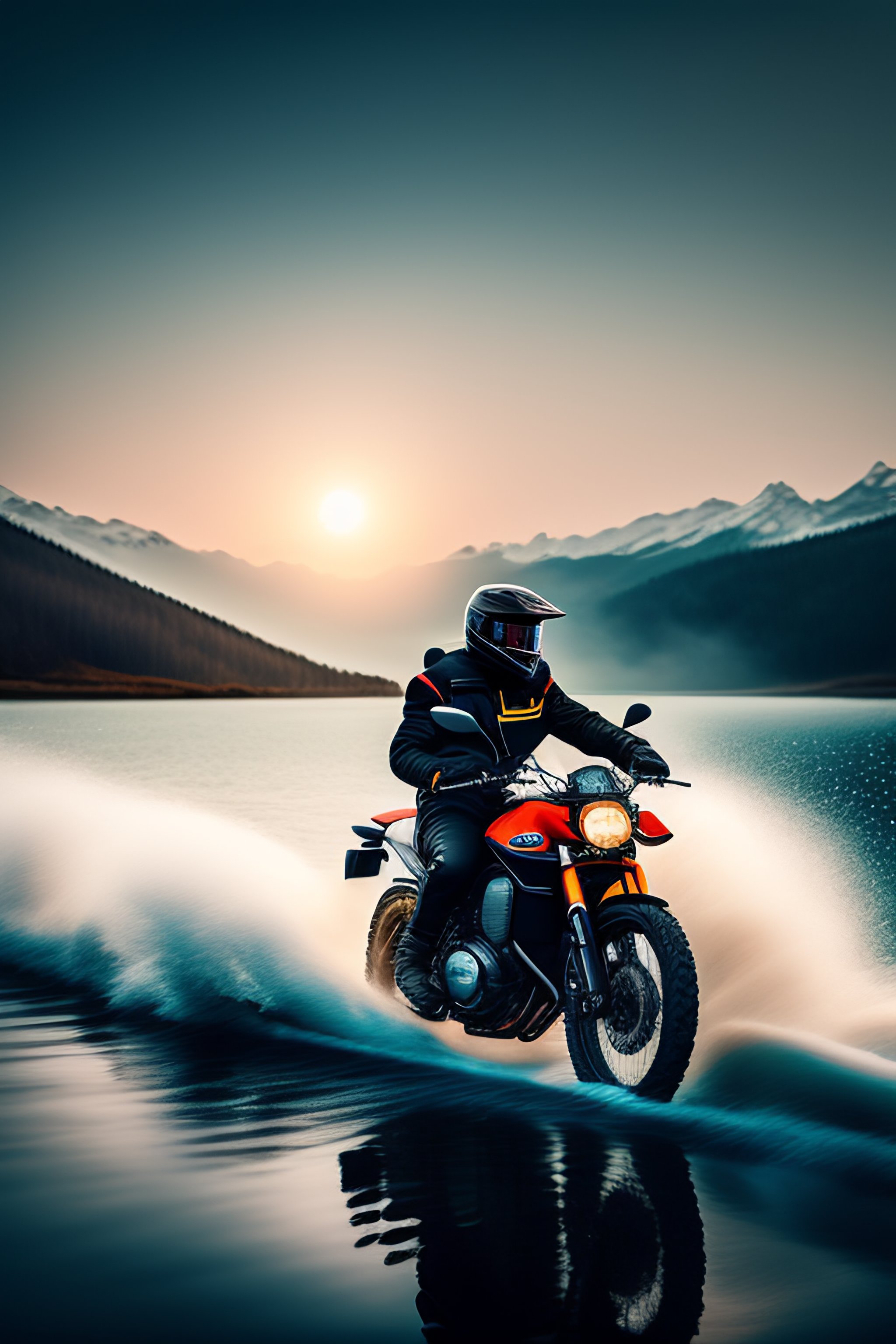 Lexica - Picture of a person driving a motorcycle on water