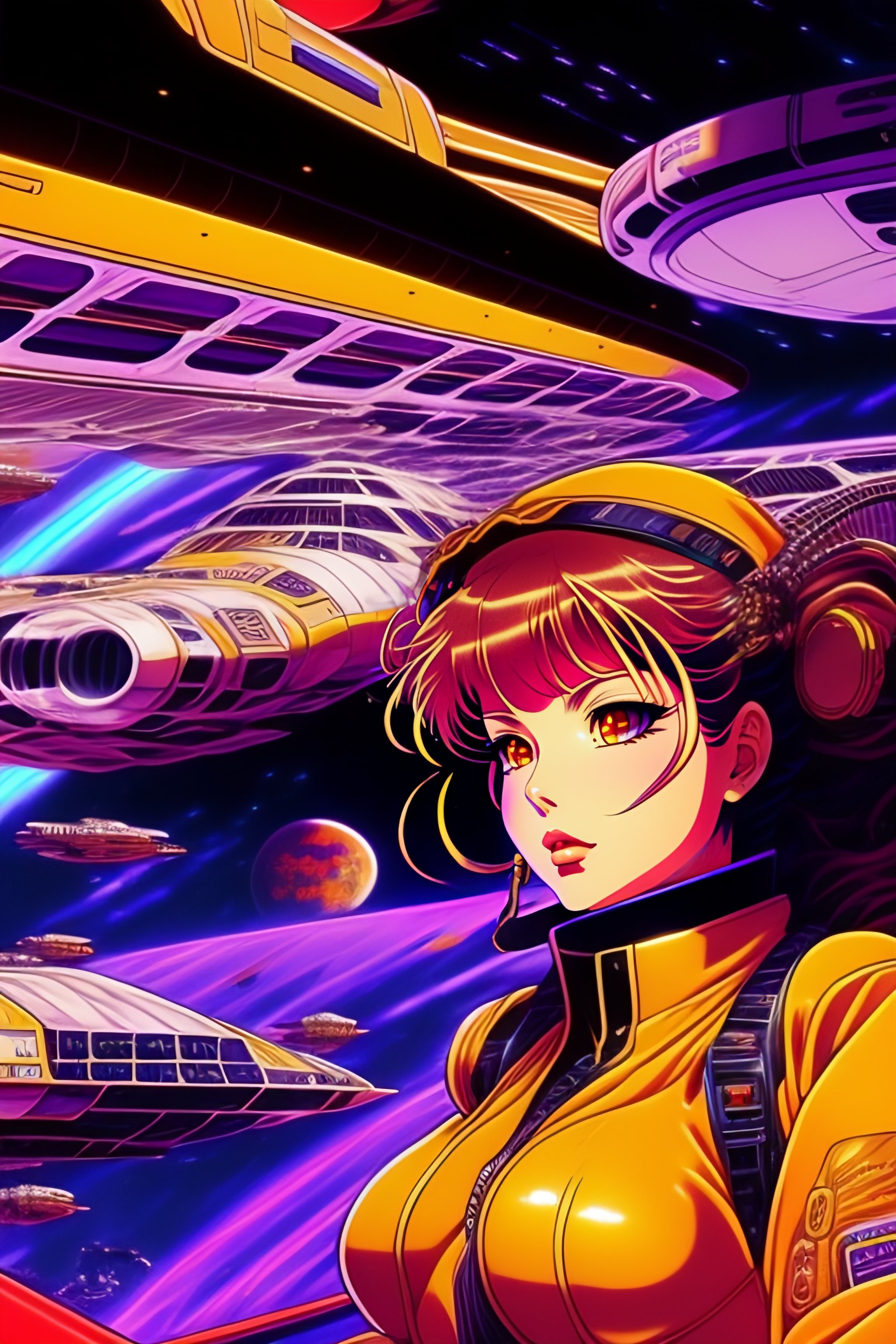 Lexica - Vintage 90's anime style. cluttered starship interior; crew ...