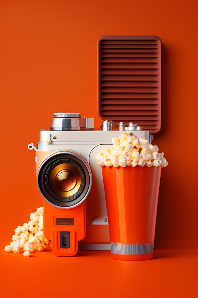 Lexica - A film camera, popcorn, movie glasses, theatre screen on ...
