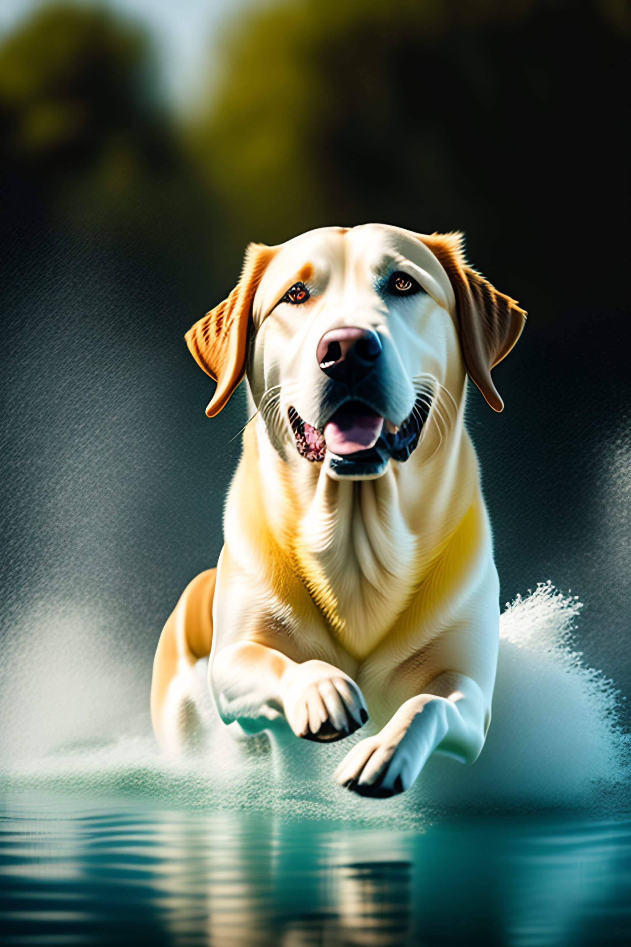 Lexica - Yellow lab jumping into a pool with an exciting face