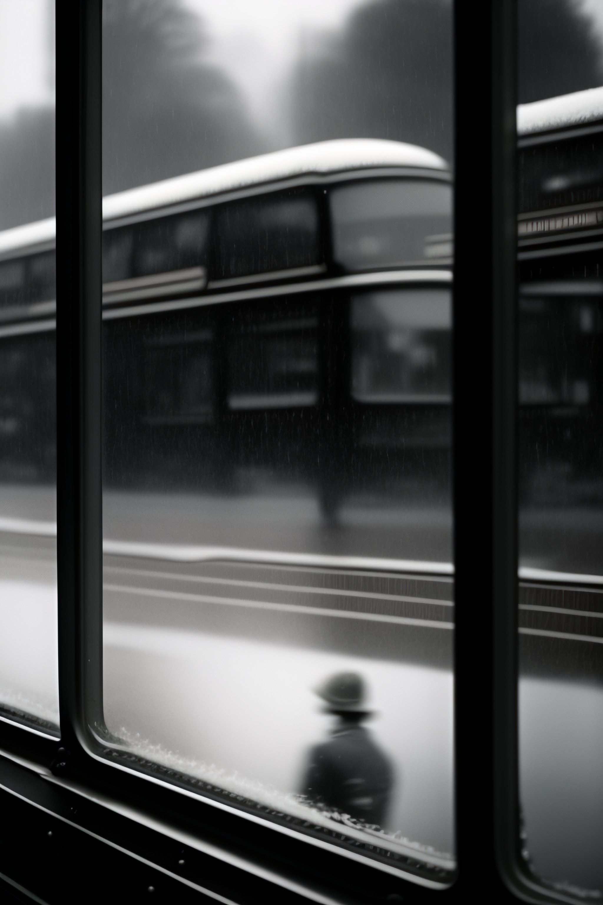 Lexica - View of a running man from inside a dropped bus window, winter ...