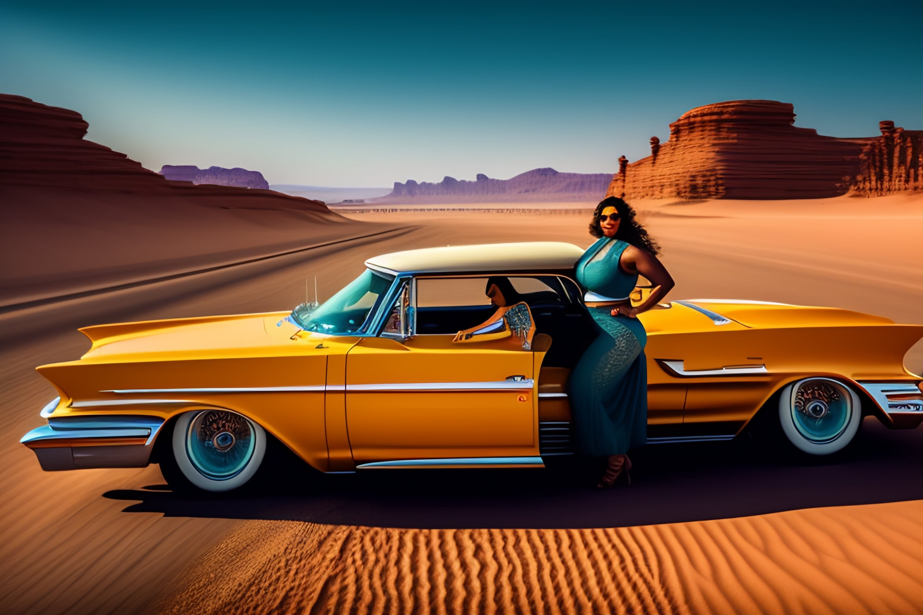 Lexica - Two women driving a lowrider in a desert highway