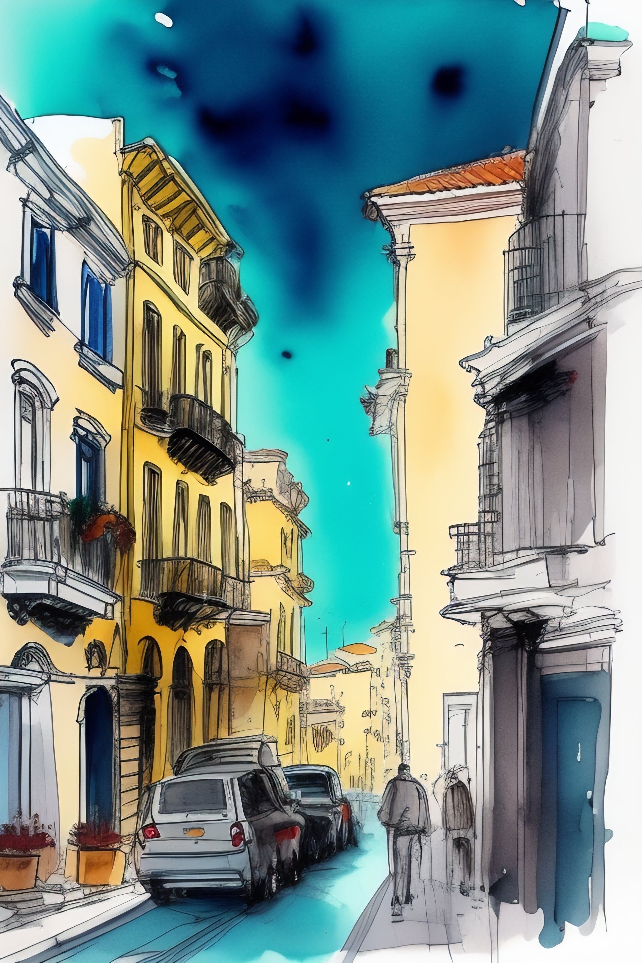 Lexica - A loose ink sketching with watercolors of a modern Athens ...