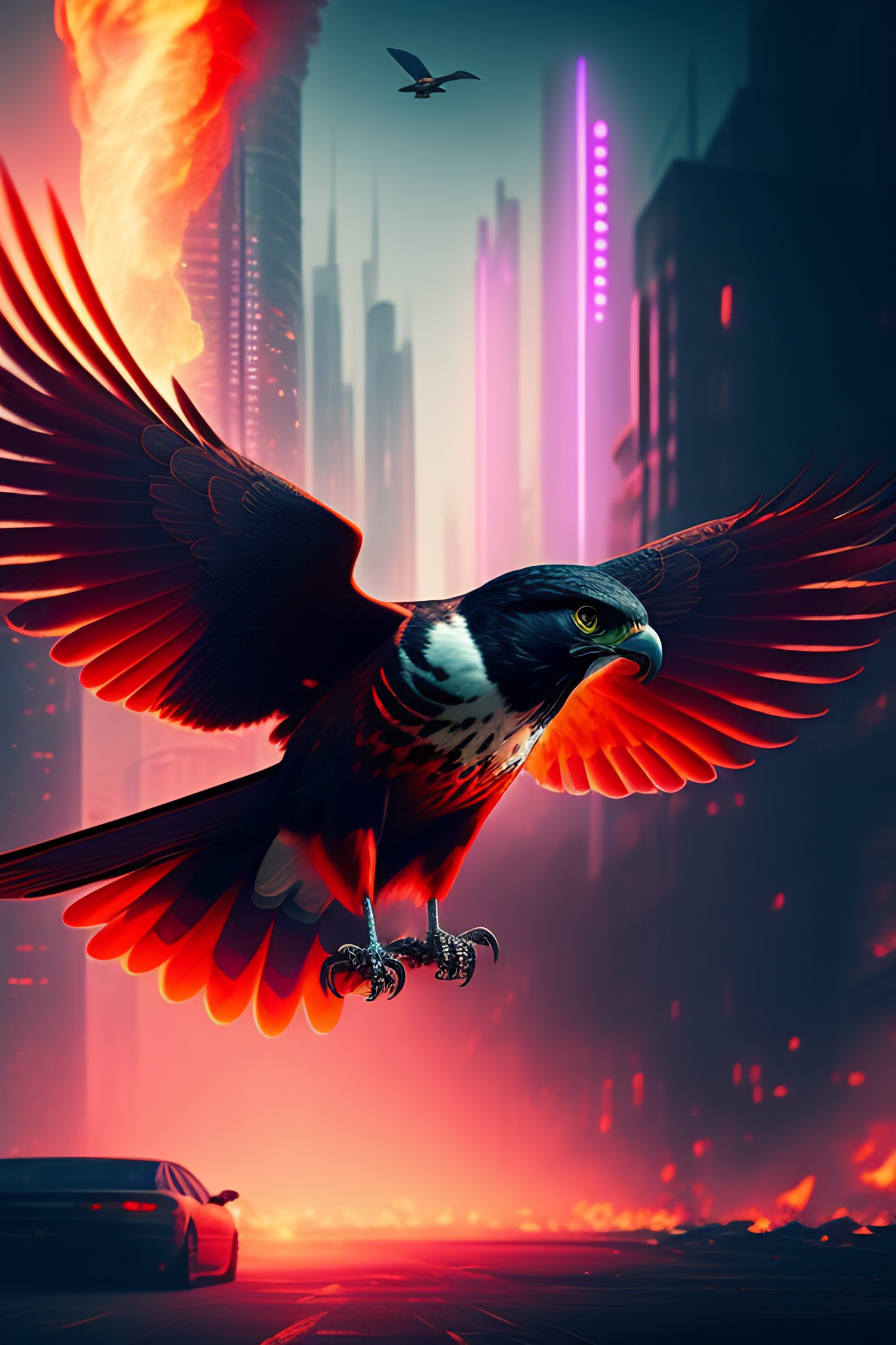Lexica - A hawk with red eyes flying by night, flames and burning ...