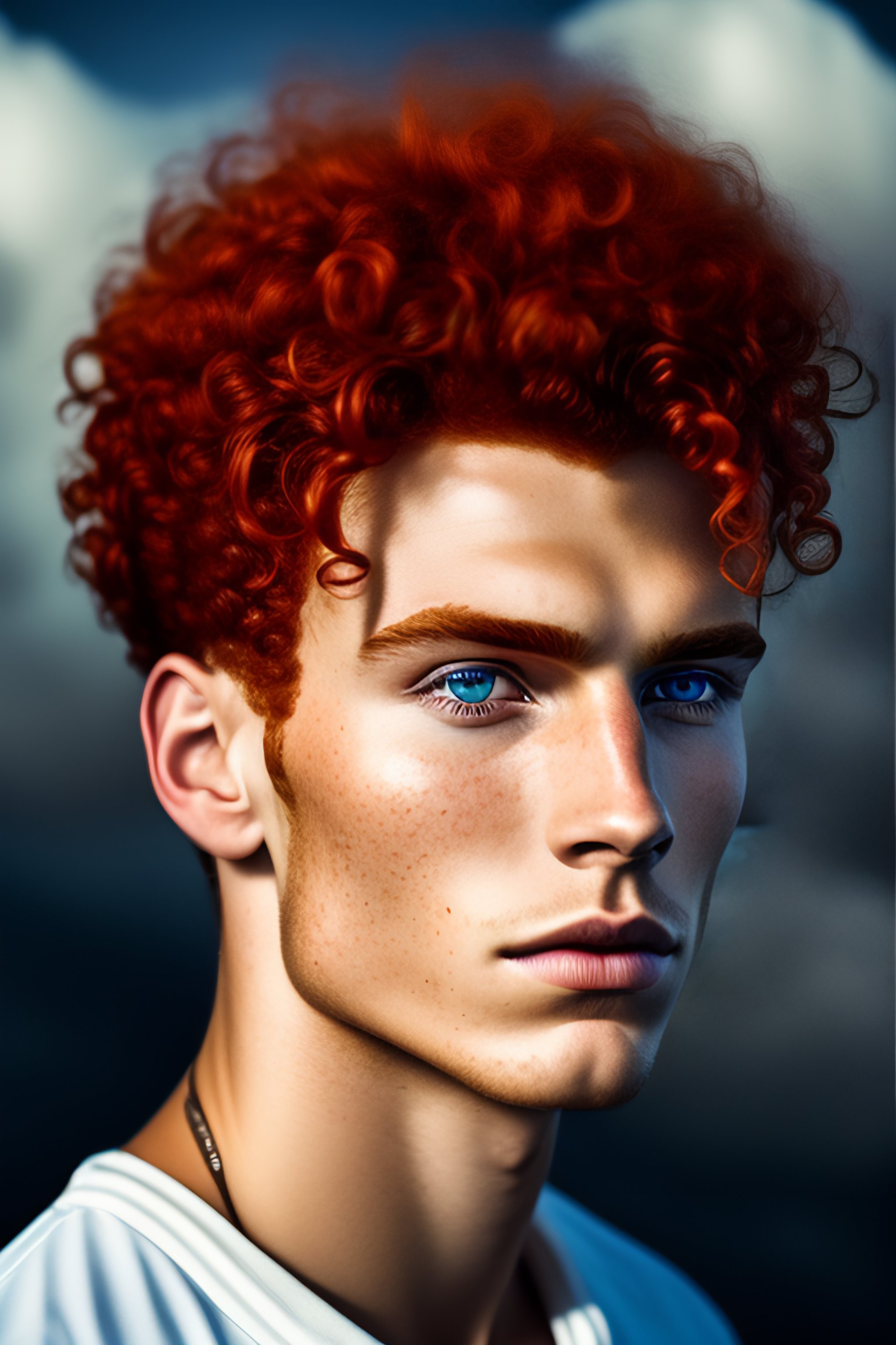 Lexica - Portrait of a man, twenty years old, red curly hair bun ...