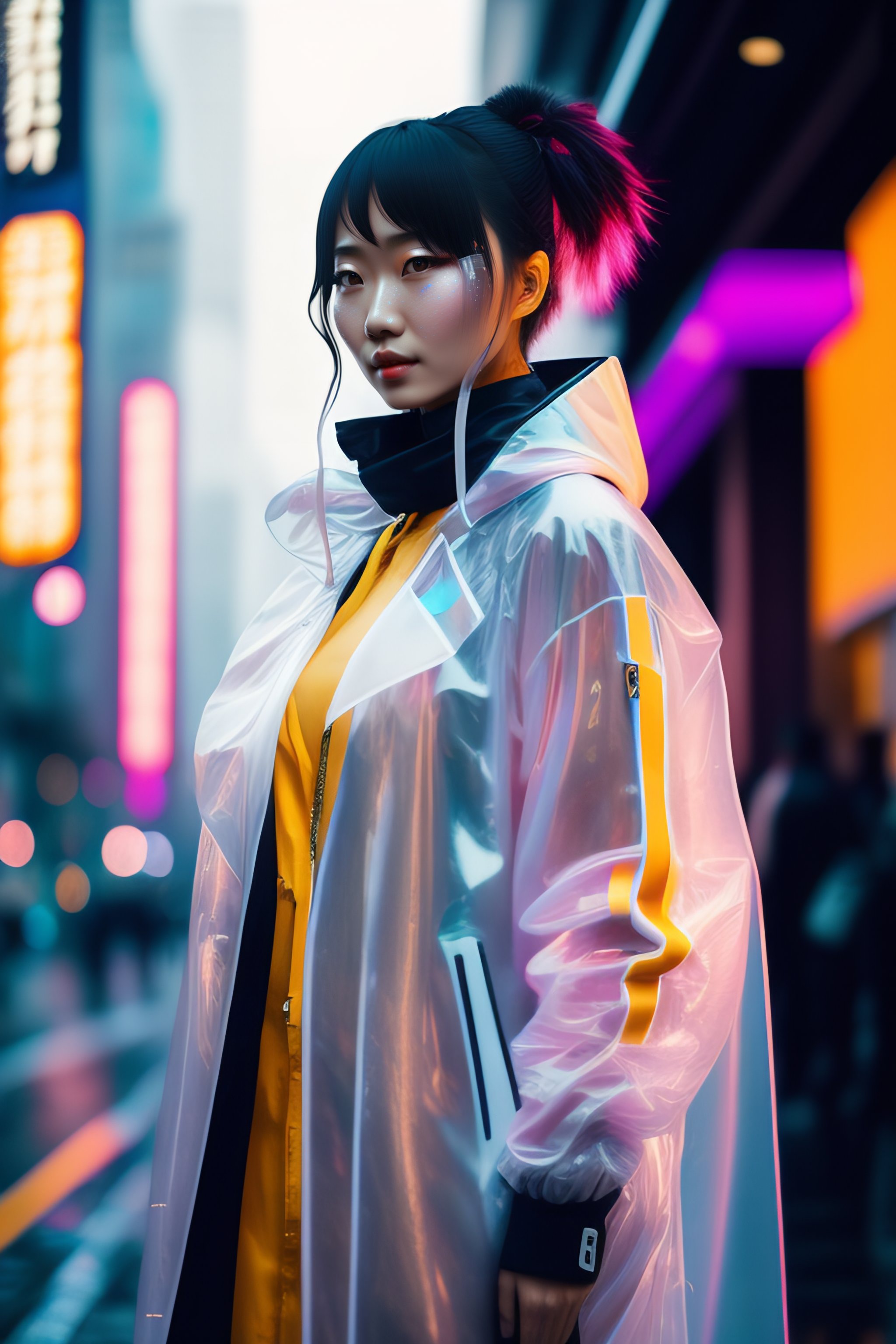 Lexica - Kaori from akira wearing transparent raincoat, cyborg parts ...