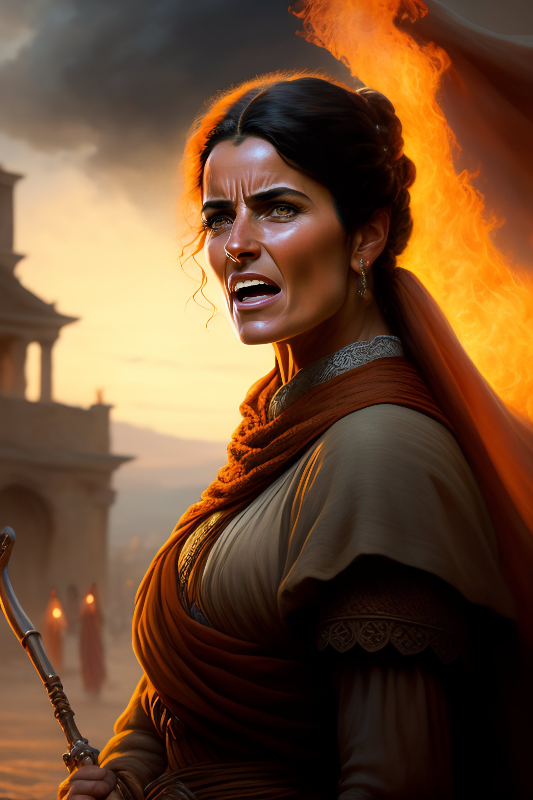 Lexica - Portrait of a spanish peasant woman shouting, hair up, wearing ...