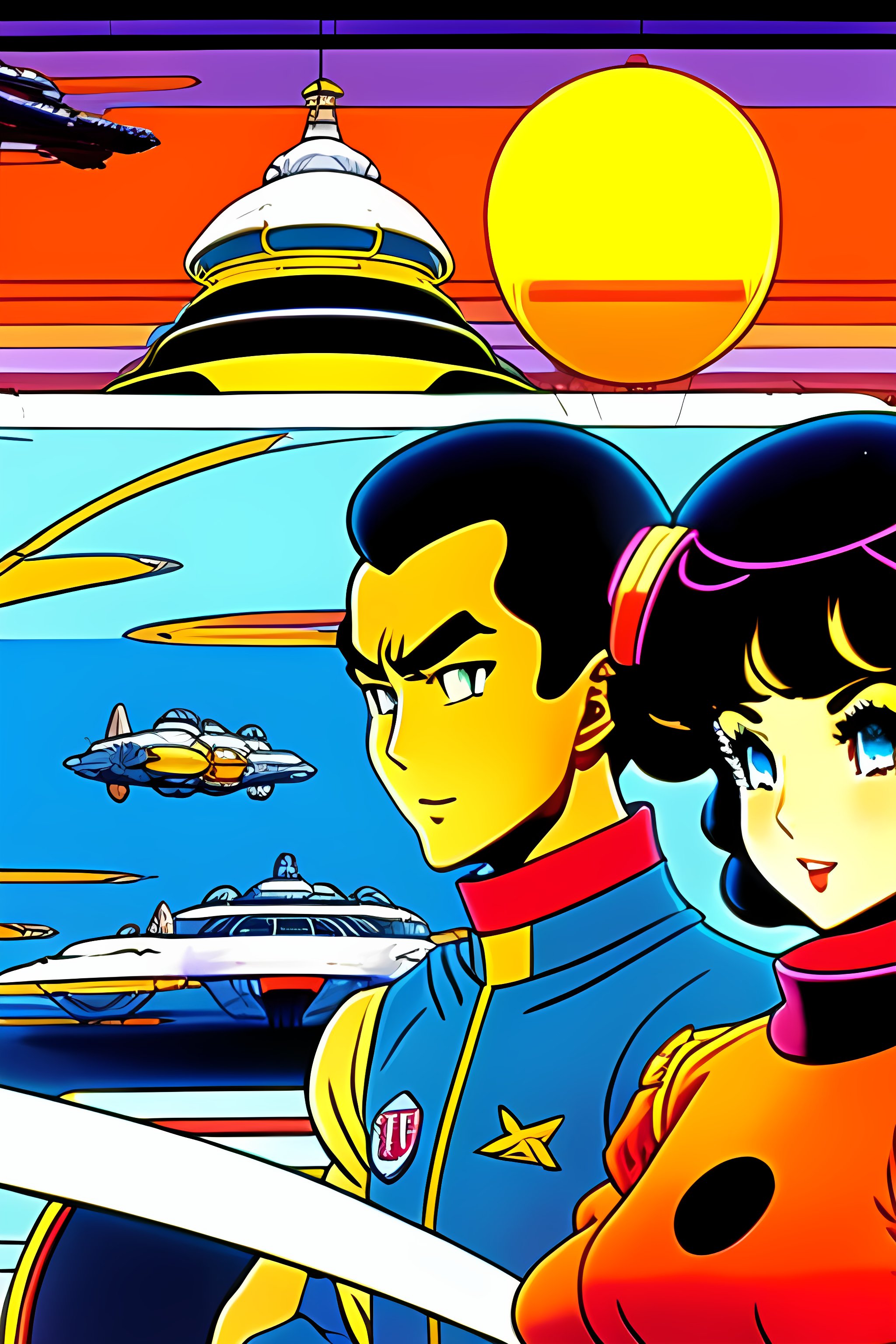 Lexica - Vintage 60's anime style. cluttered starship interior; captain ...