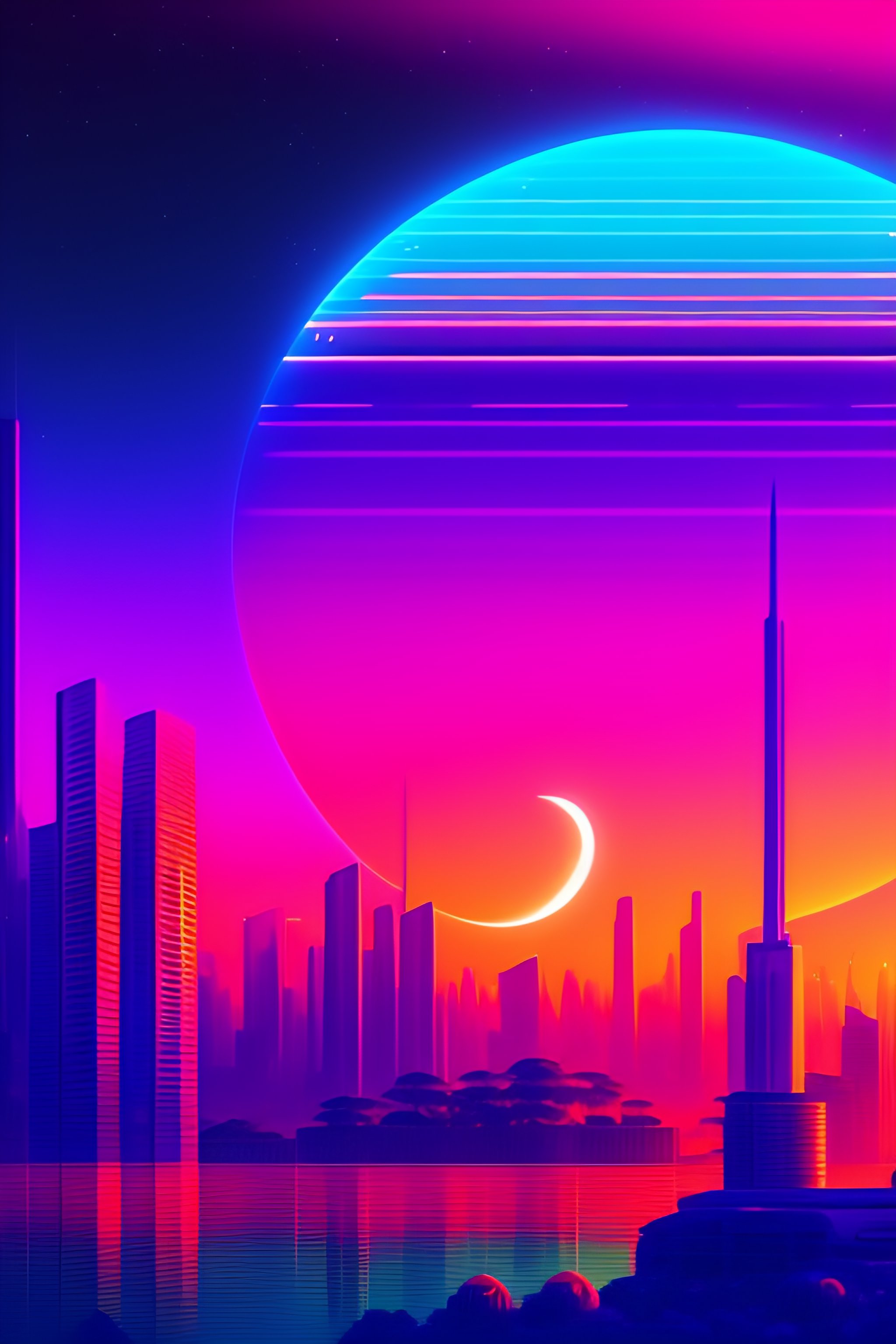 Lexica - Synthwave town with moon background, sharp focus,