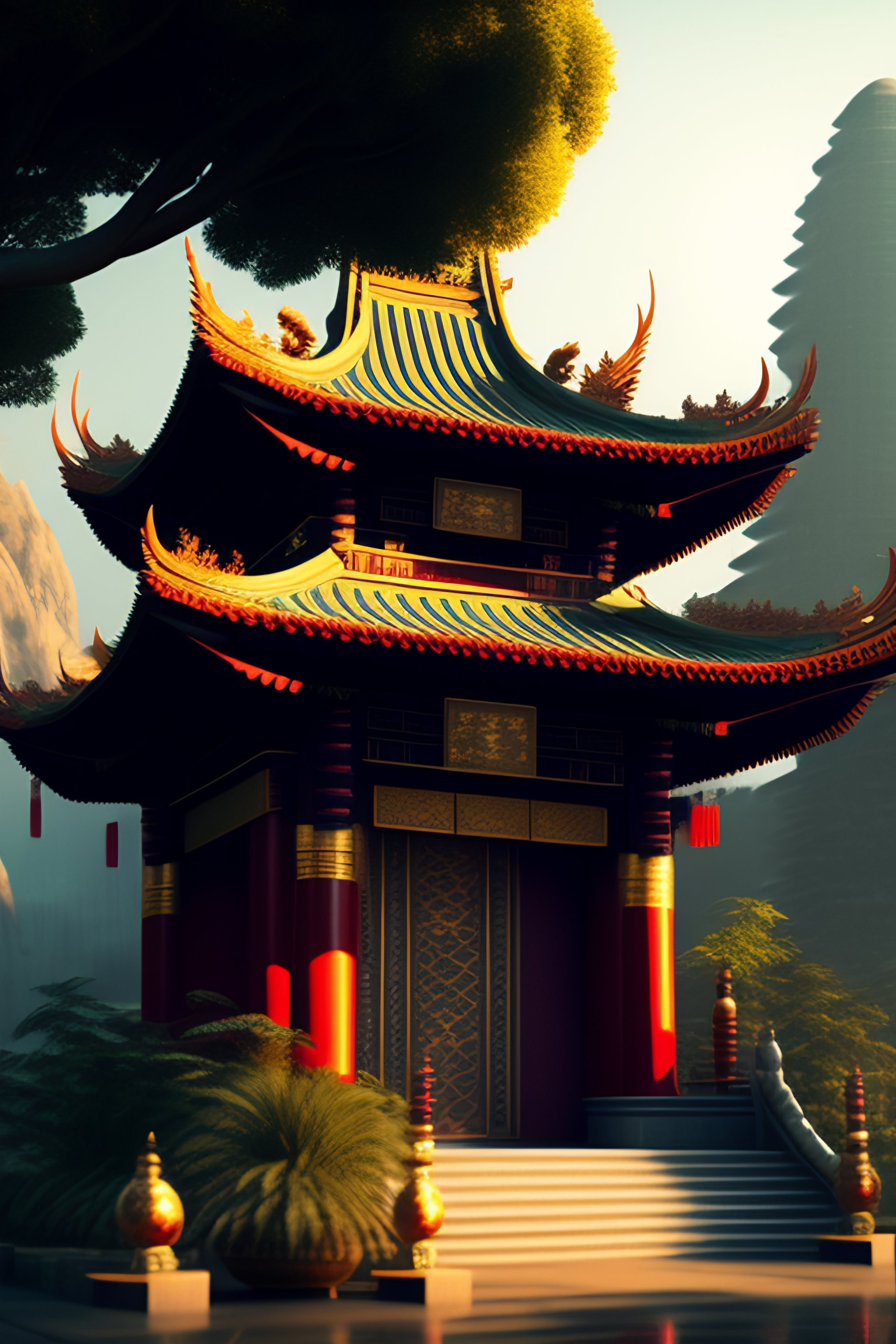 Lexica - Chinese style temple in front of cyberpunk pagoda, hyper ...